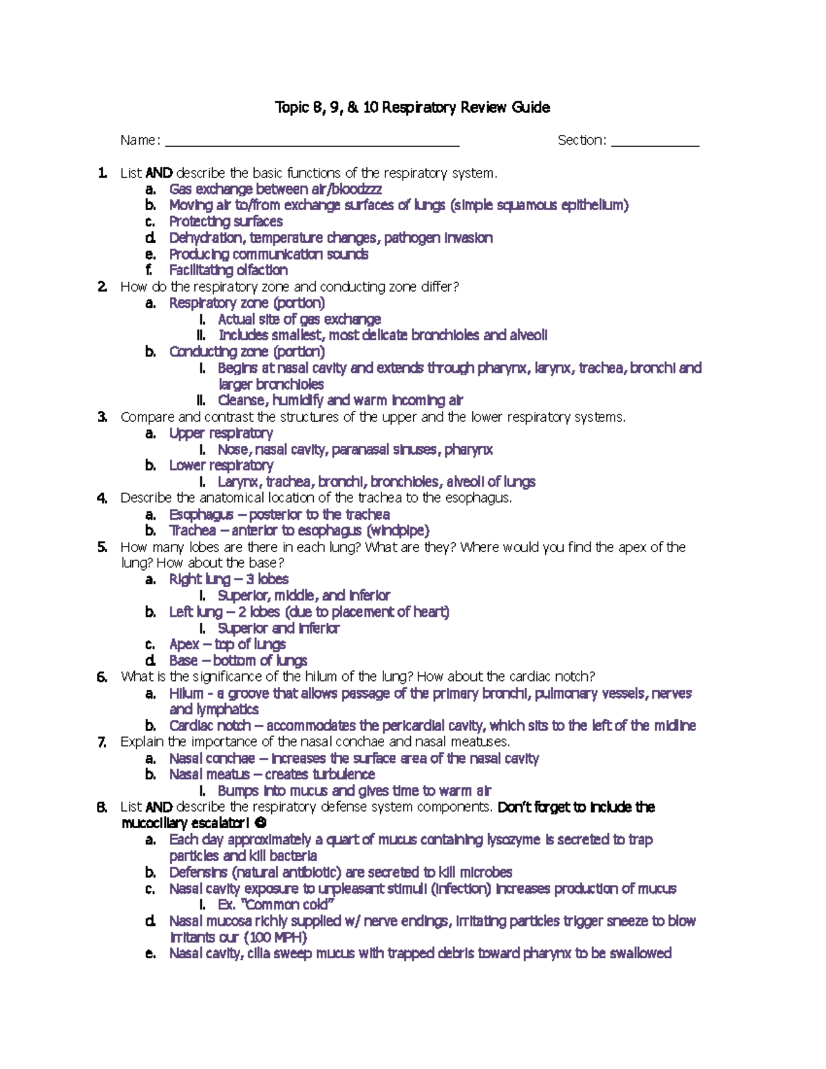 Respiratory System Review Guide - Topic 8, 9, & 10 Respiratory Review ...