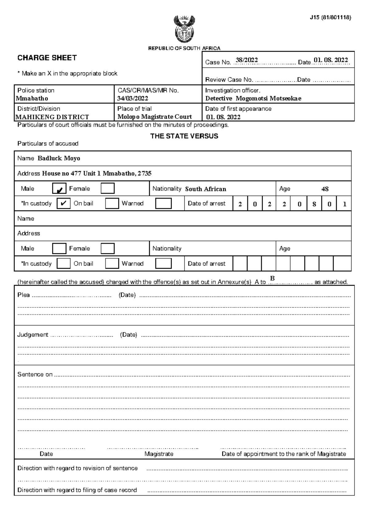 IURI 472 Assessment 2 Charge Sheet AND Affidavit - J15 (81/801118 ...