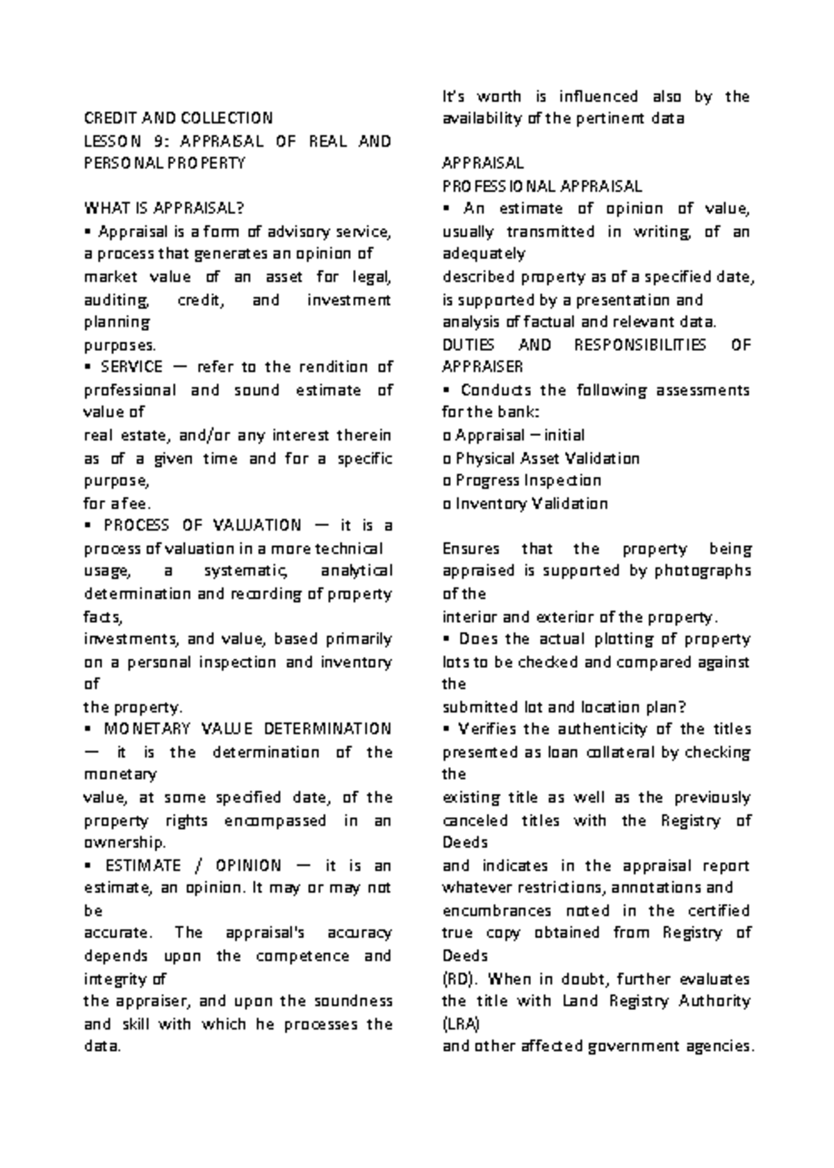 credit and collection - CREDIT AND COLLECTION LESSON 9: APPRAISAL OF ...