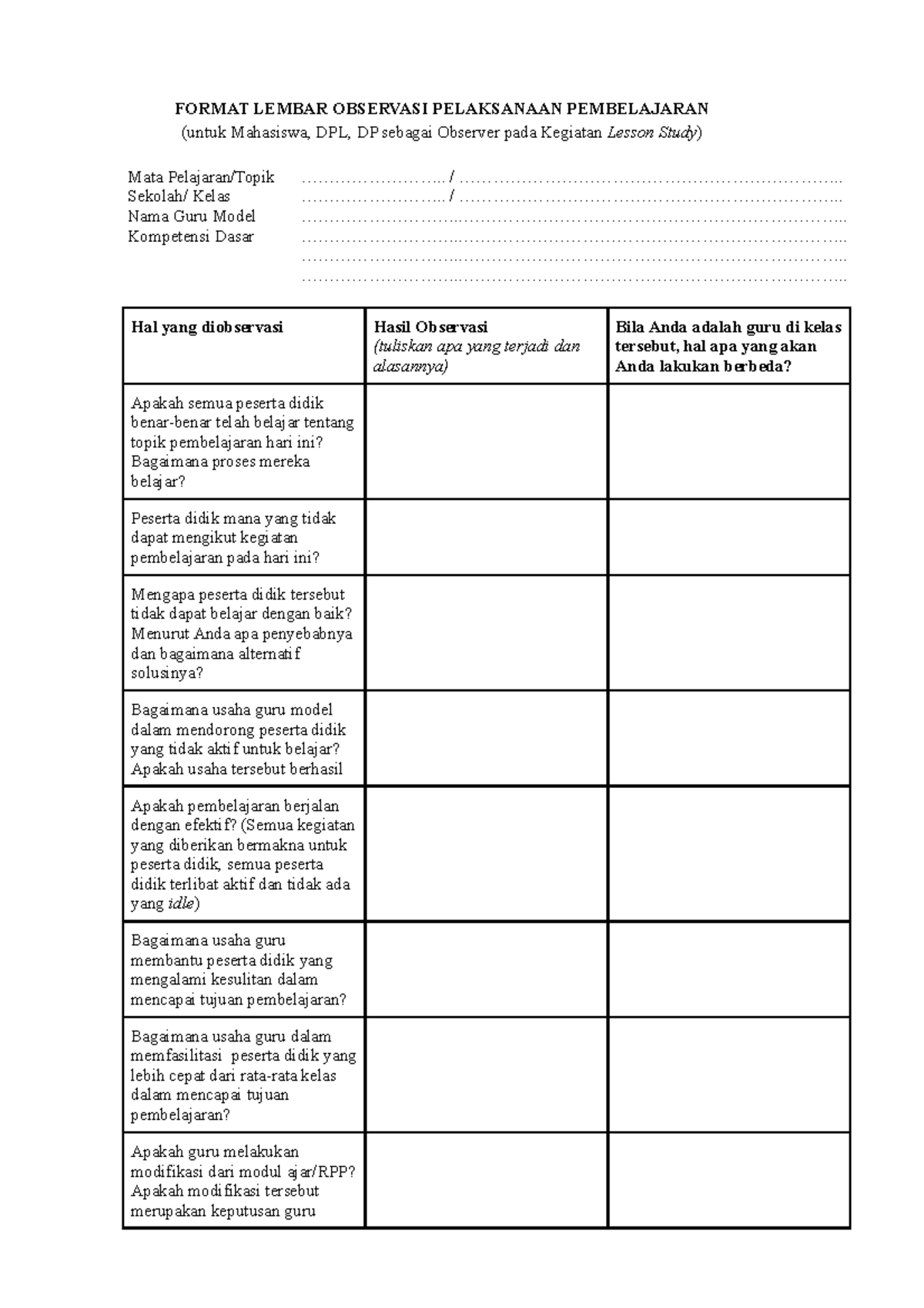 Lampiran 3 - Format Lembar Observasi Pelaksanaan Pembelajaran untuk ...