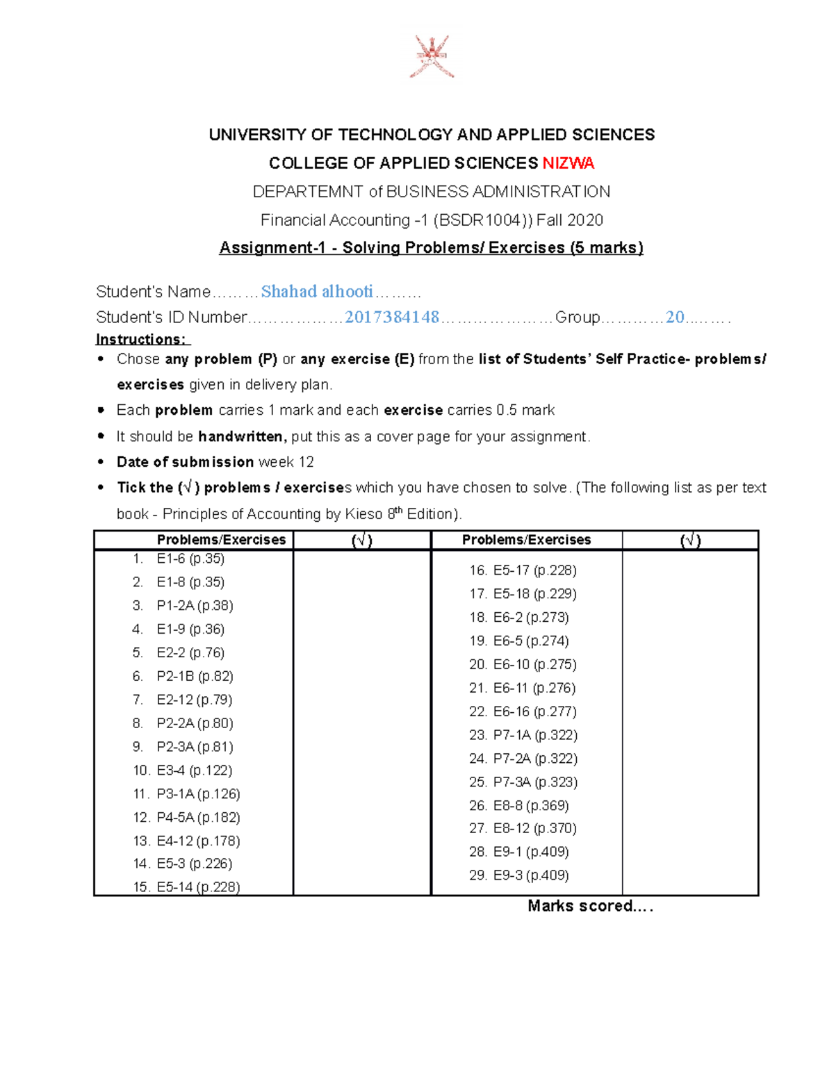Assignment Solving - accounting - UNIVERSITY OF TECHNOLOGY AND APPLIED ...