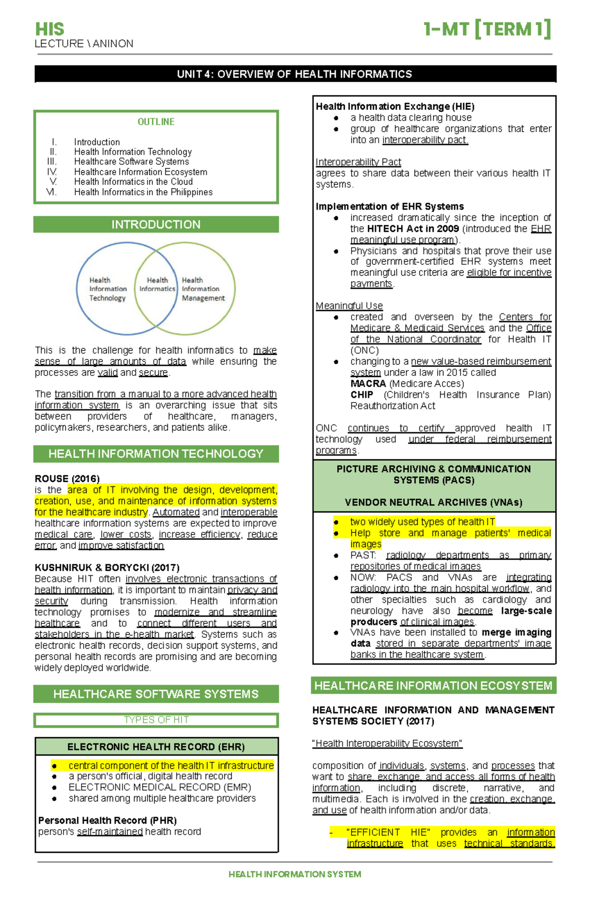 MT102_Overview of Health Informatics - HIS 1-MT [TERM 1] LECTURE ...