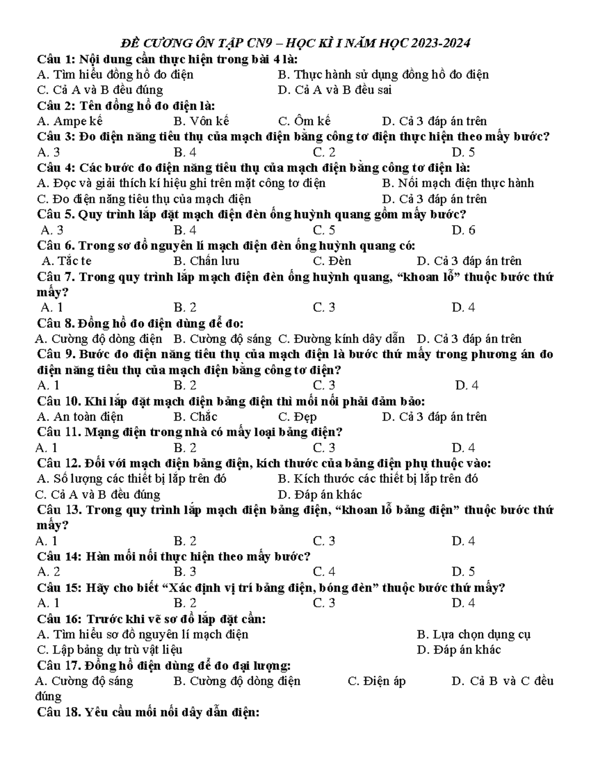 ĐỀ CƯƠNG ÔN TẬP hk1 CN9 NĂM 2023-2024 - ĐỀ CƯƠNG ÔN TẬP CN9 – HỌC KÌ I NĂM HỌC 2023- 2024 Câu 1 ...