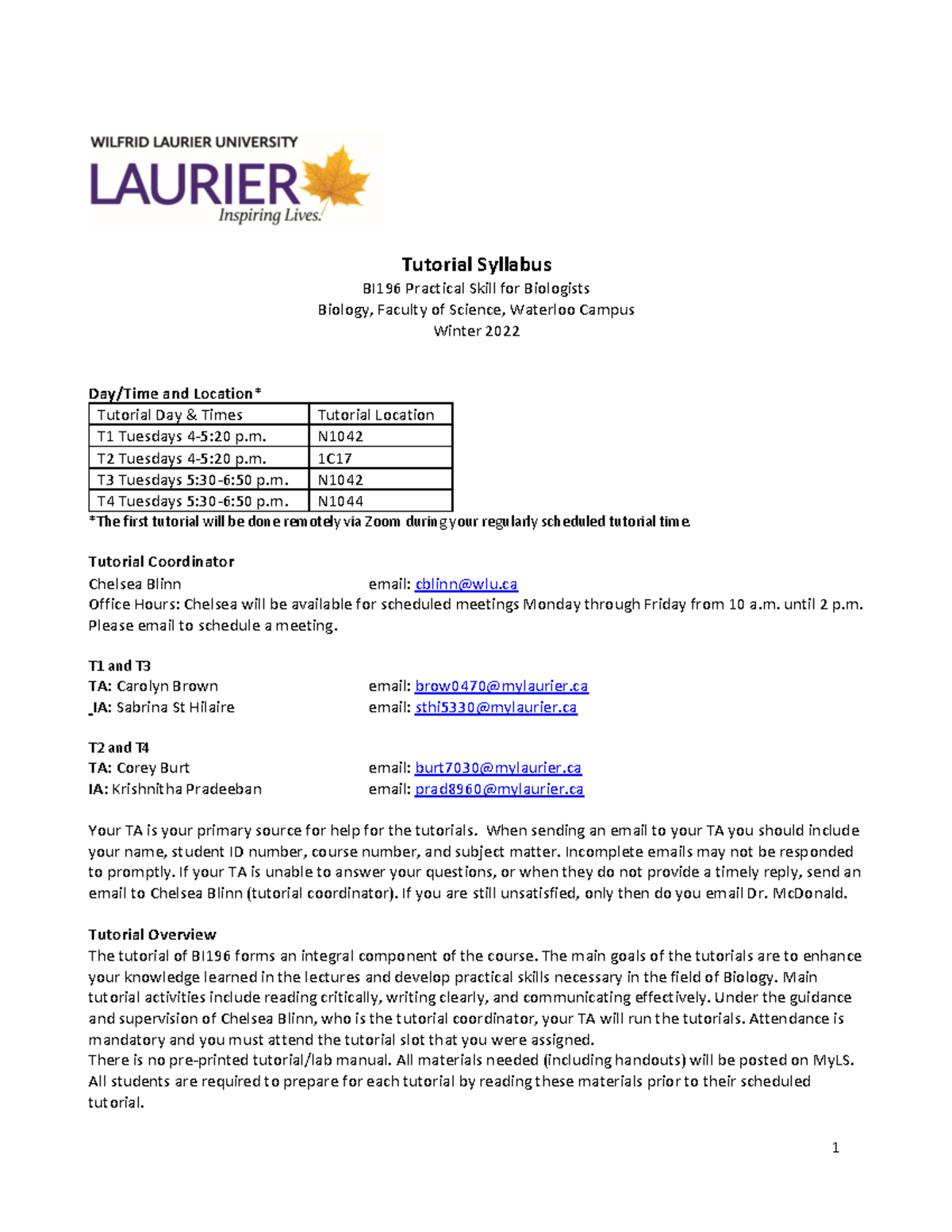BI196 Tutorial Syllabus Winter 2022 - 1 Tutorial Syllabus BI196 Practical Skill for Biologists ...
