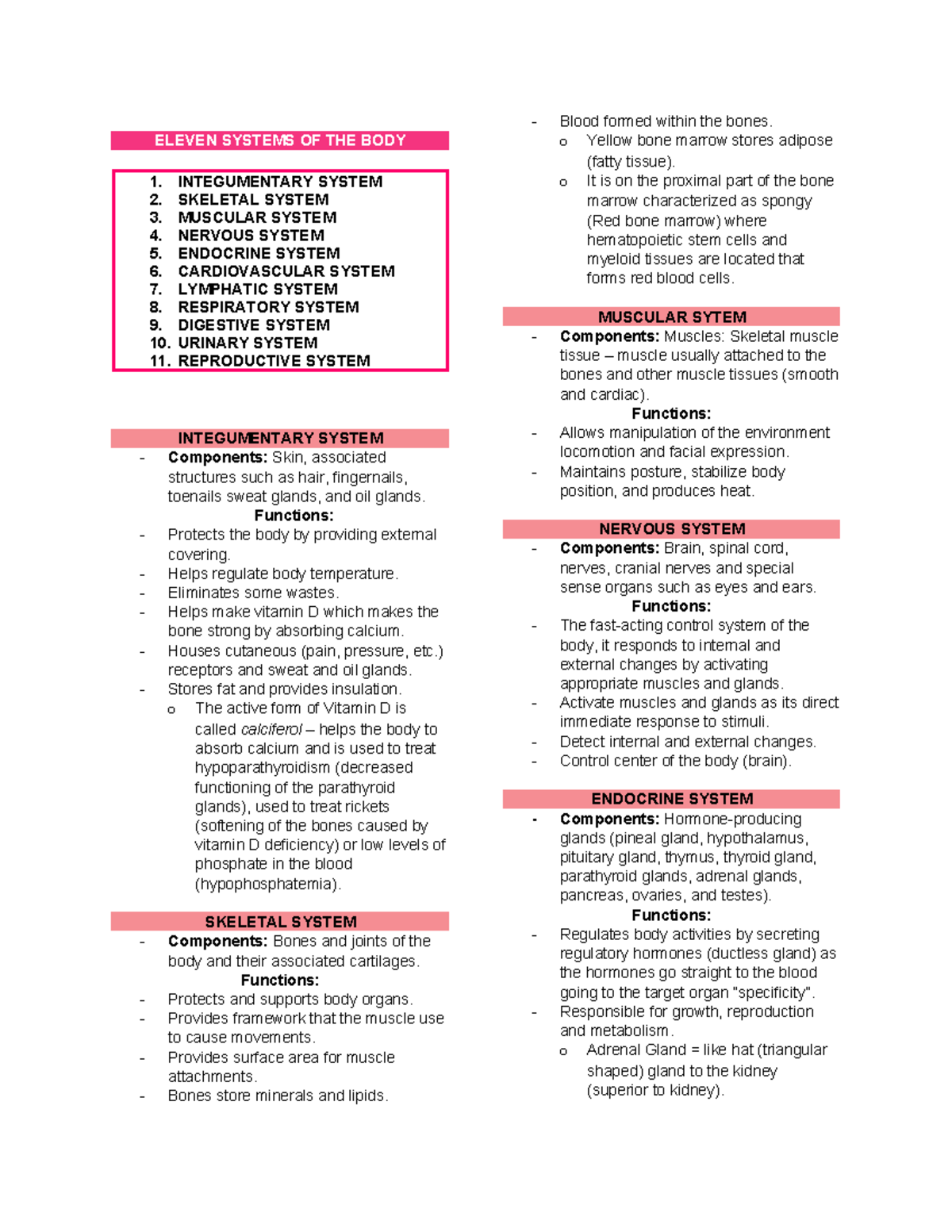 Eleven Systems OF THE BODY - ELEVEN SYSTEMS OF THE BODY 1 ...