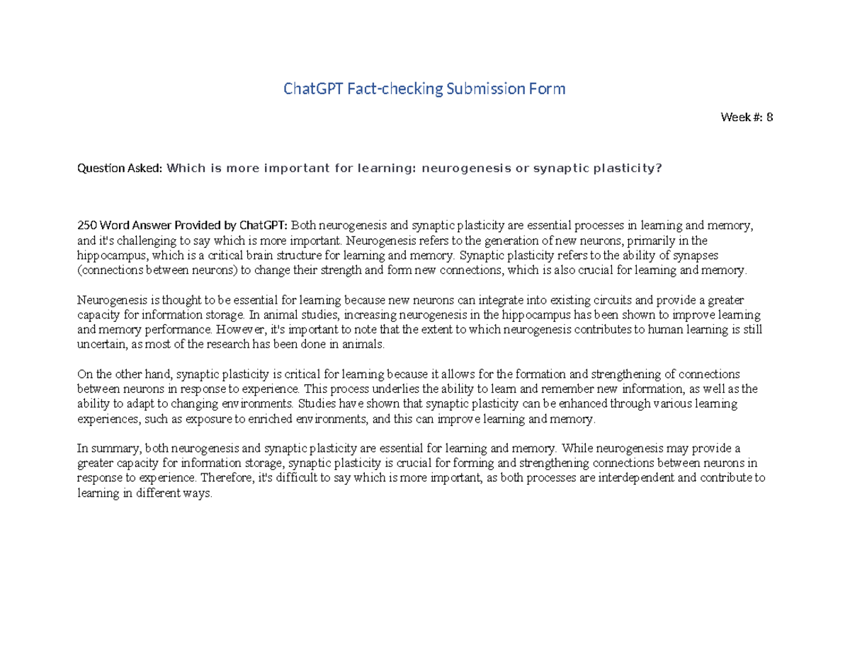 Chat GPT Fact-checking Assignment- Which is more important for learning neurogenesis or synaptic ...