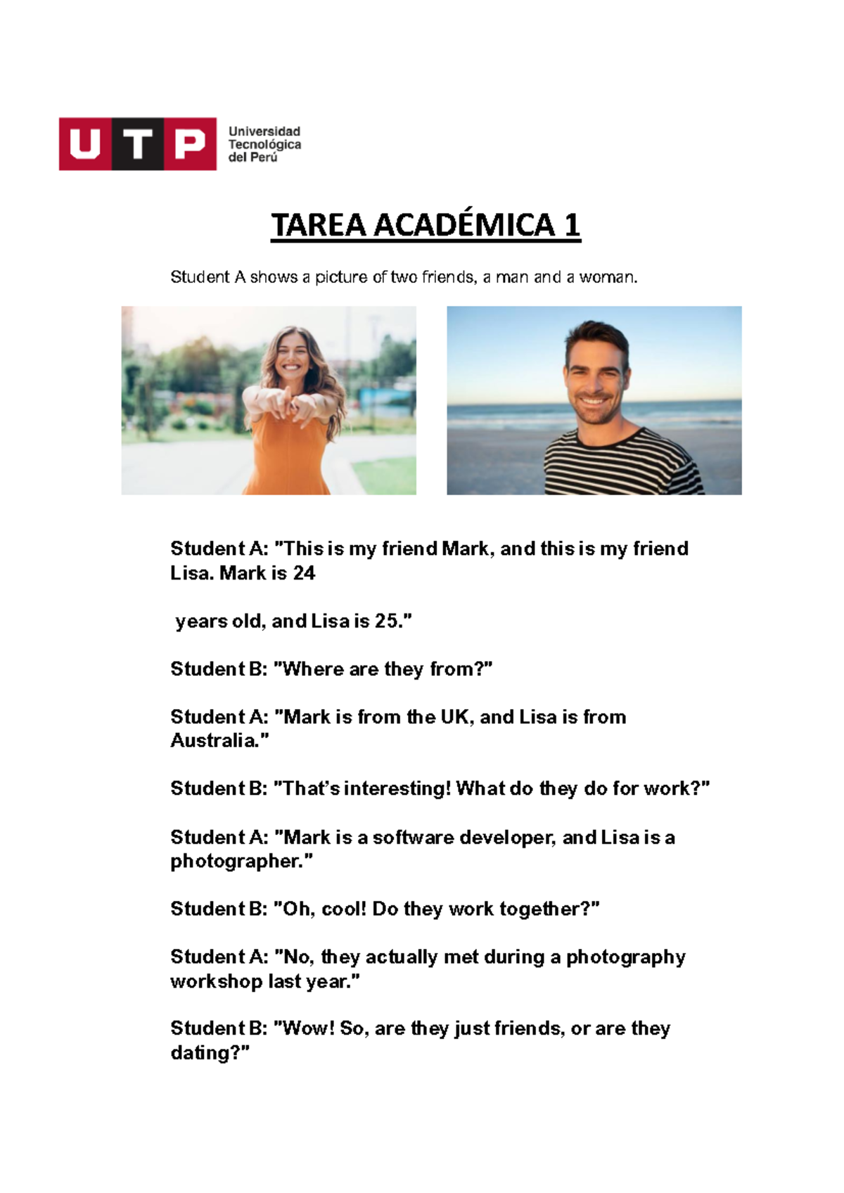 Comparto 'TA1 Ingles' contigo - TAREA ACADÉMICA 1 Student A shows a picture of two friends, a ...