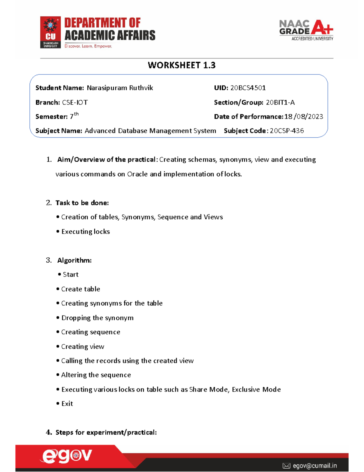 EXP 1.3 Adbms experiment - WORKSHEET 1. Student Name: Narasipuram Ruthvik UID: 20BCS Branch: CSE ...