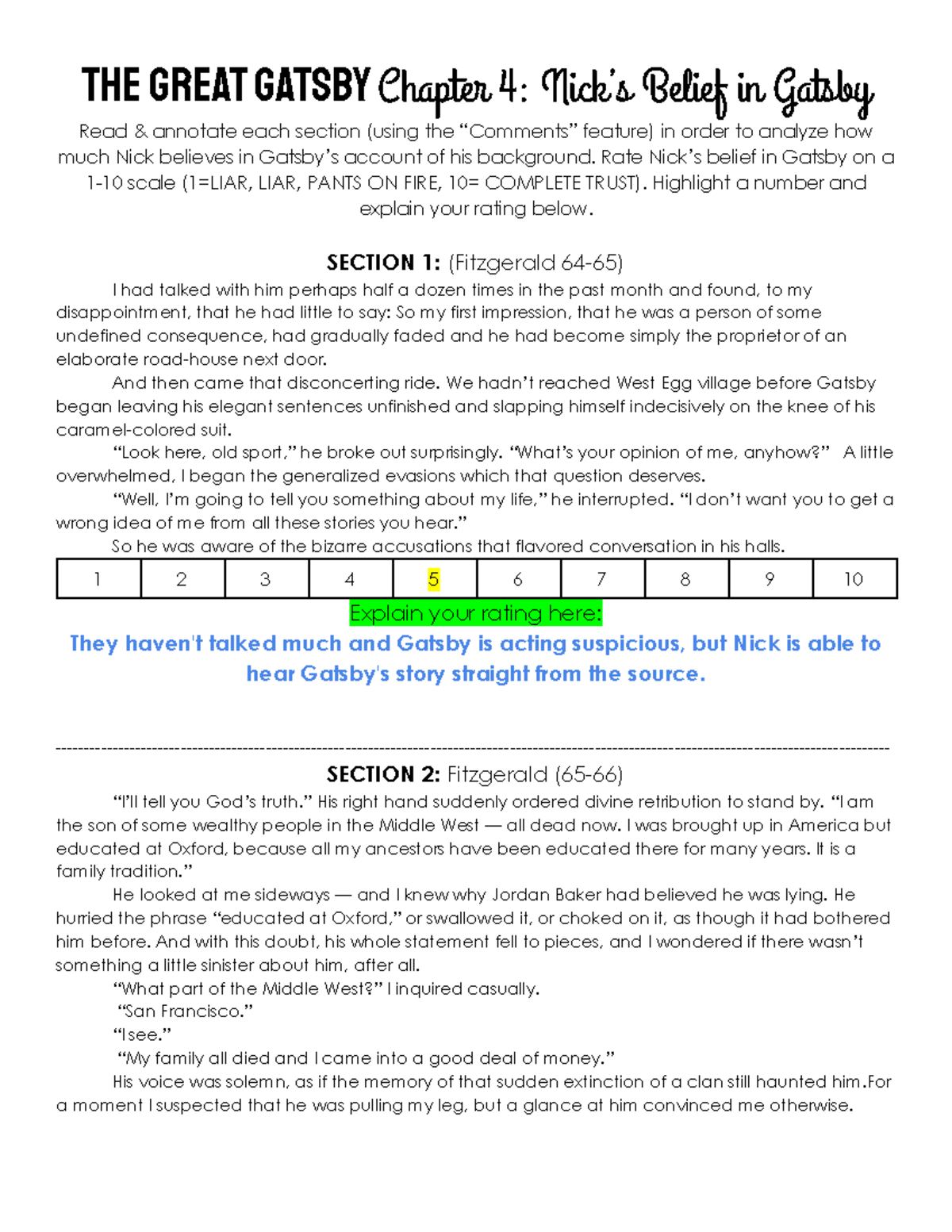 THE GREAT GATSBY Chapter 4: Nick’s Belief in Gatsby - Rate Nick’s ...