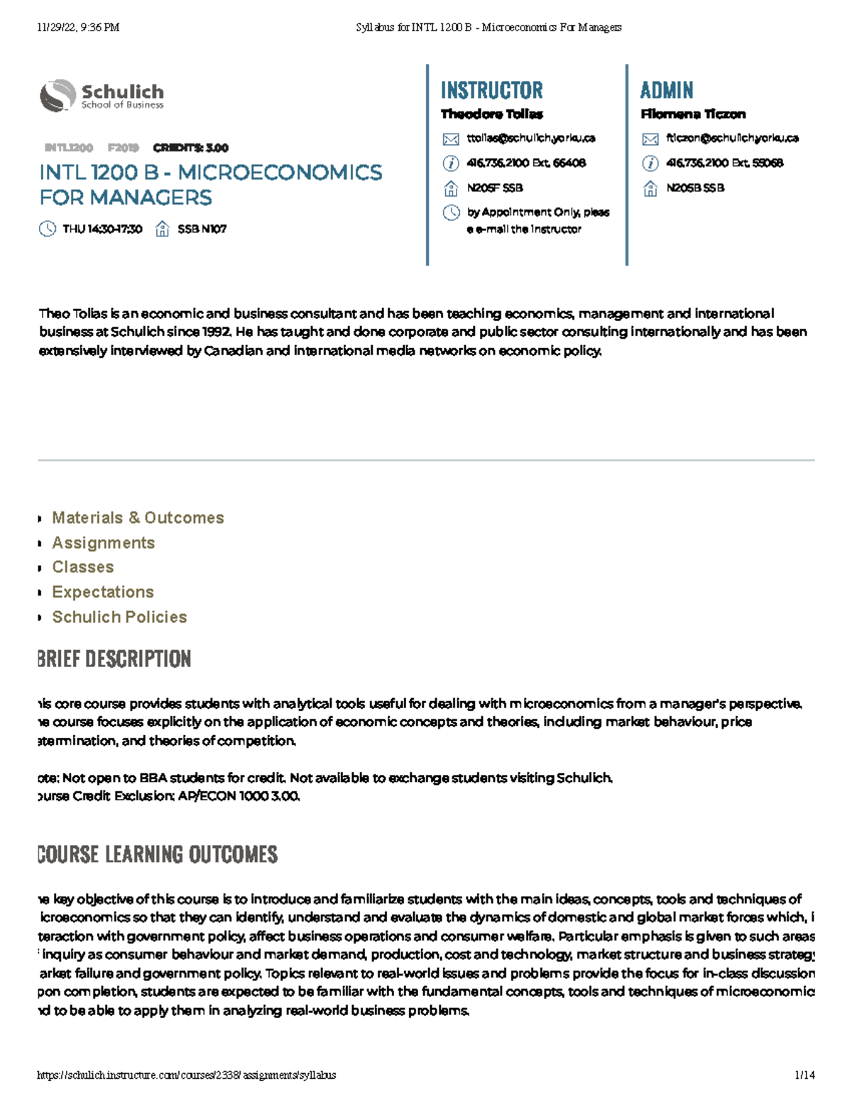 Econ 1 - Econ course outline - INTL1200 F2019 CREDITS: 3. INTL 1200 B ...