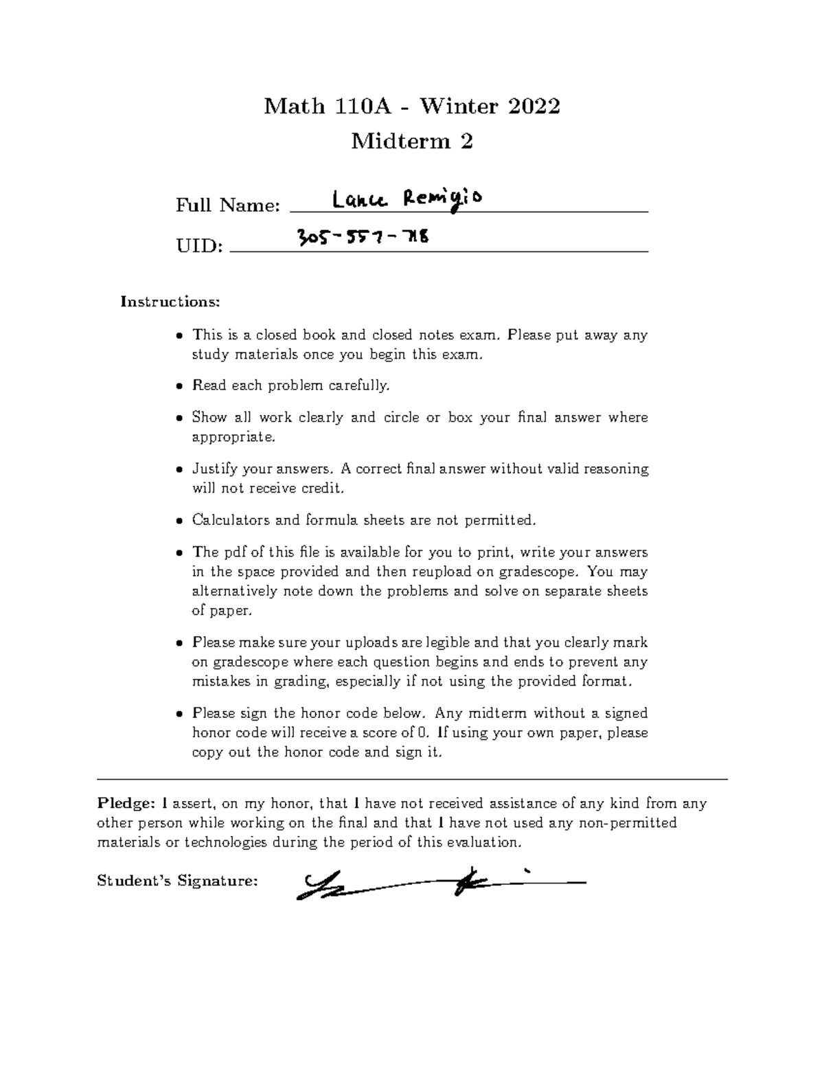 Abstract Algebra Midterm 2 Math 110a Winter 2022 Midterm 2 Full Name Uid Instructions