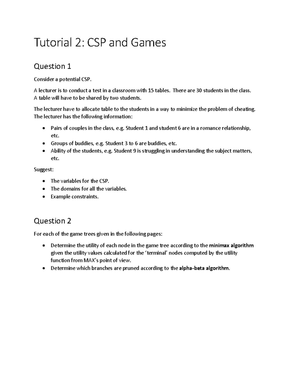 Tutorial 2 - CSP & Games Solutions - Tutorial 2: CSP and Games Question ...