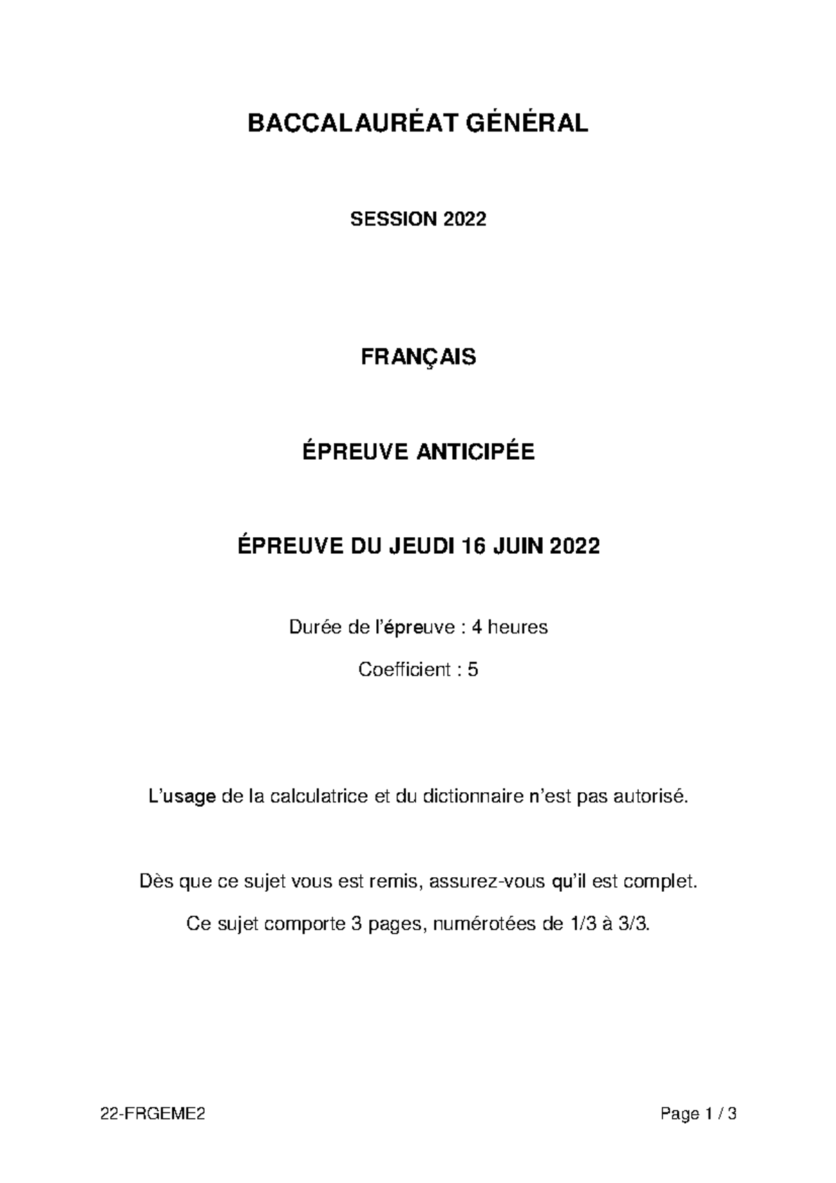 Document 8 - Sujet bac Français - 22-FRGEME2 Page 1 / 3 BACCALAURÉAT ...