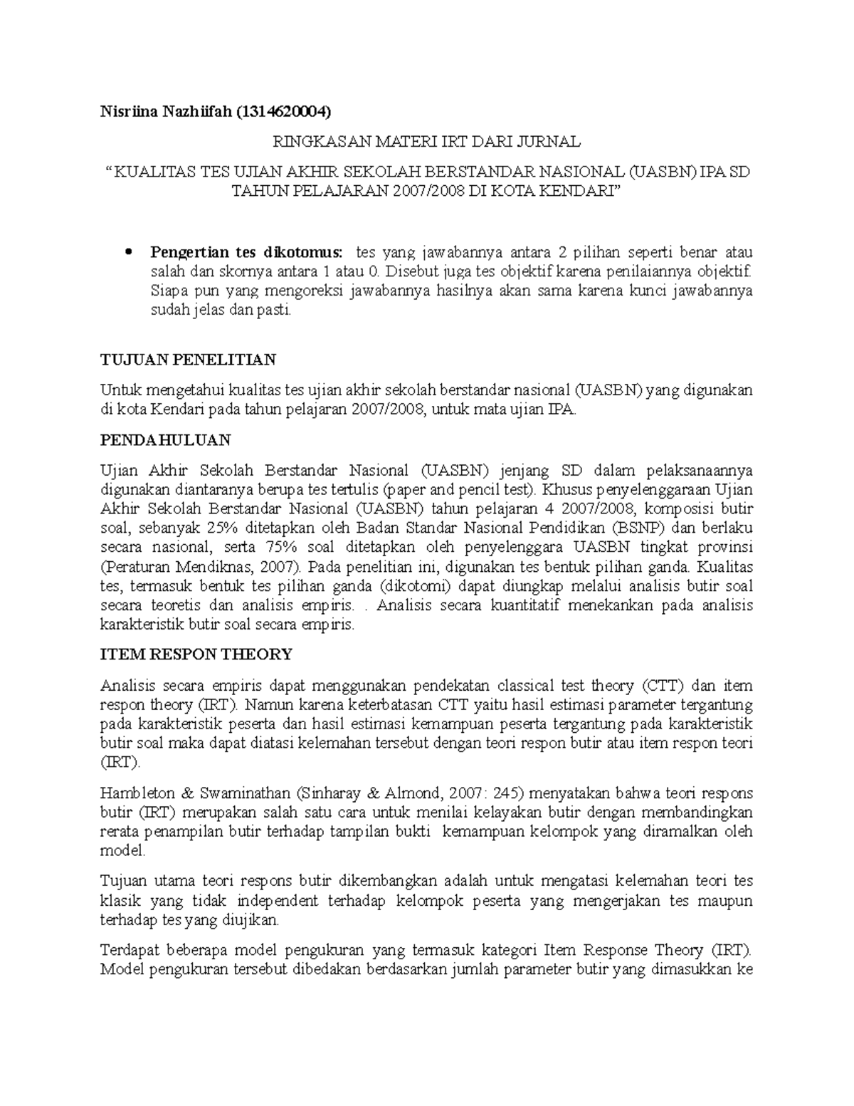 Dokumen Lampiran Tugas 73 - Nisriina Nazhiifah (1314620004) RINGKASAN MATERI IRT DARI JURNAL ...
