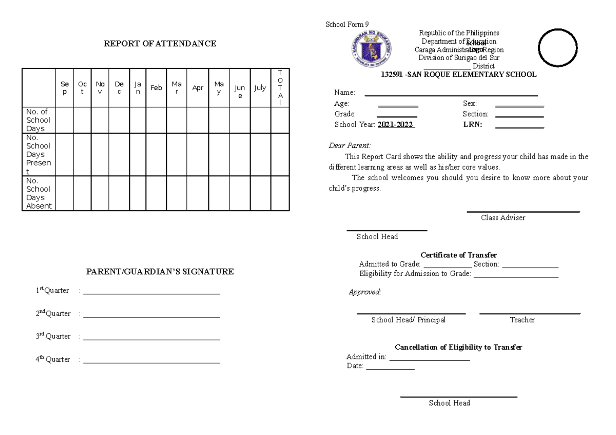 School Form 9 for Elem and JHS - REPORT OF ATTENDANCE Se p Oc t No v De ...