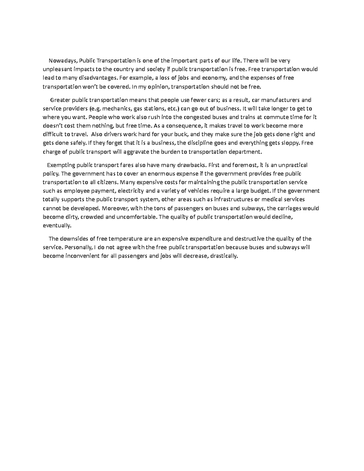 Free transportation - Essay assignment - Nowadays, Public ...