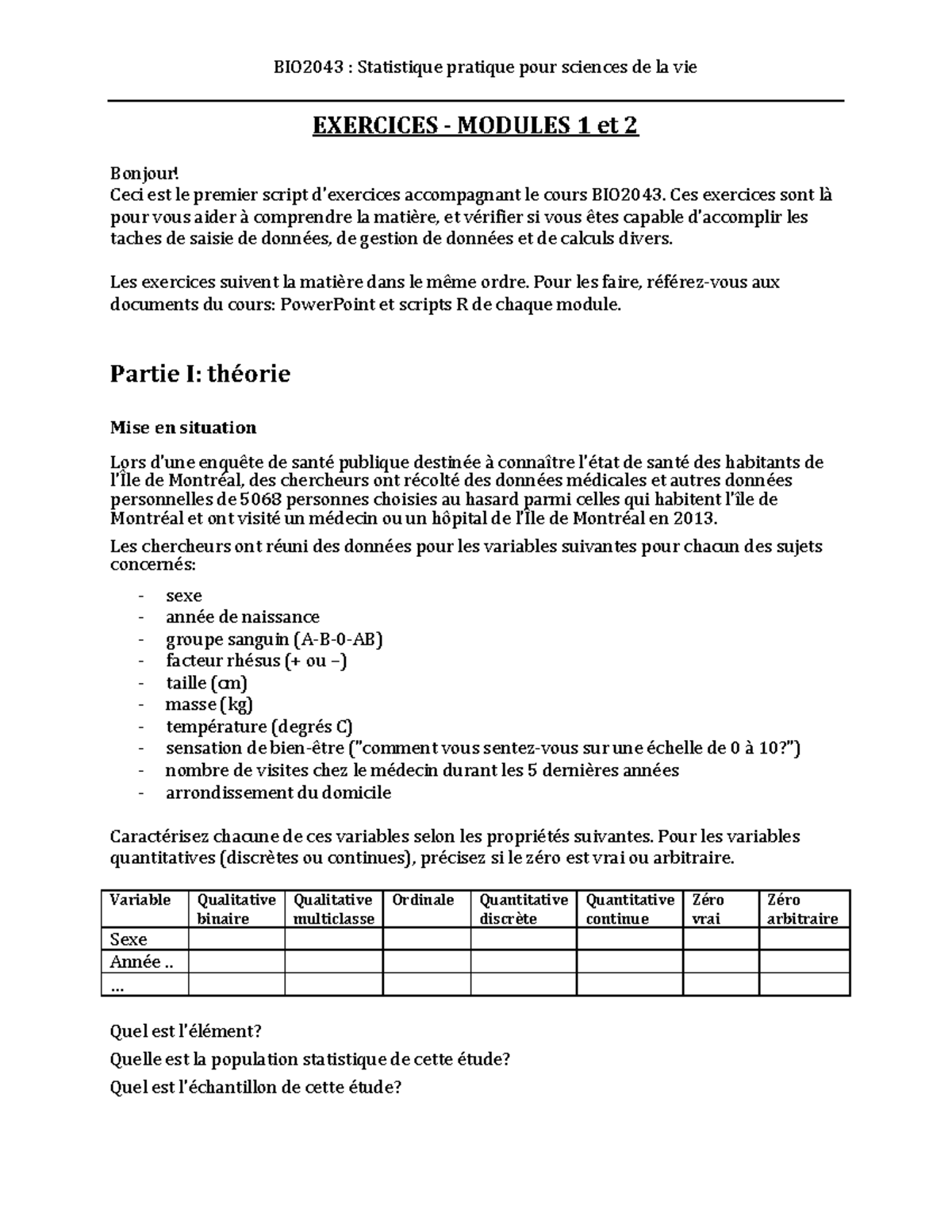 BIO2043 exercices mod 1-2 - EXERCICES - MODULES 1 et 2 Bonjour! Ceci ...