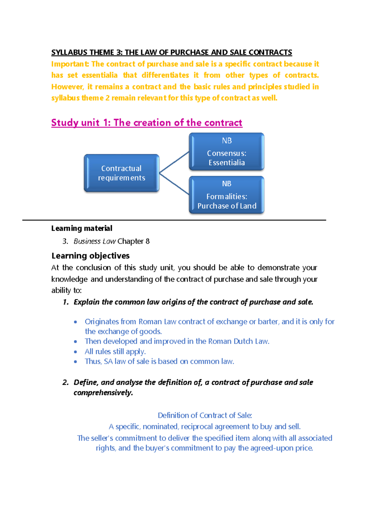 BER 310 notes Theme 3 - SYLLABUS THEME 3: THE LAW OF PURCHASE AND SALE ...