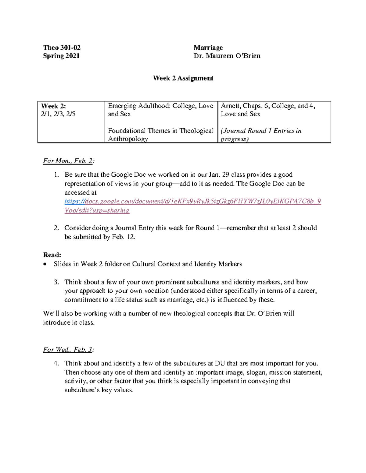 21 Sp 301 Week 2 Assign - Theo 301-02 Marriage Spring 2021 Dr. Maureen ...