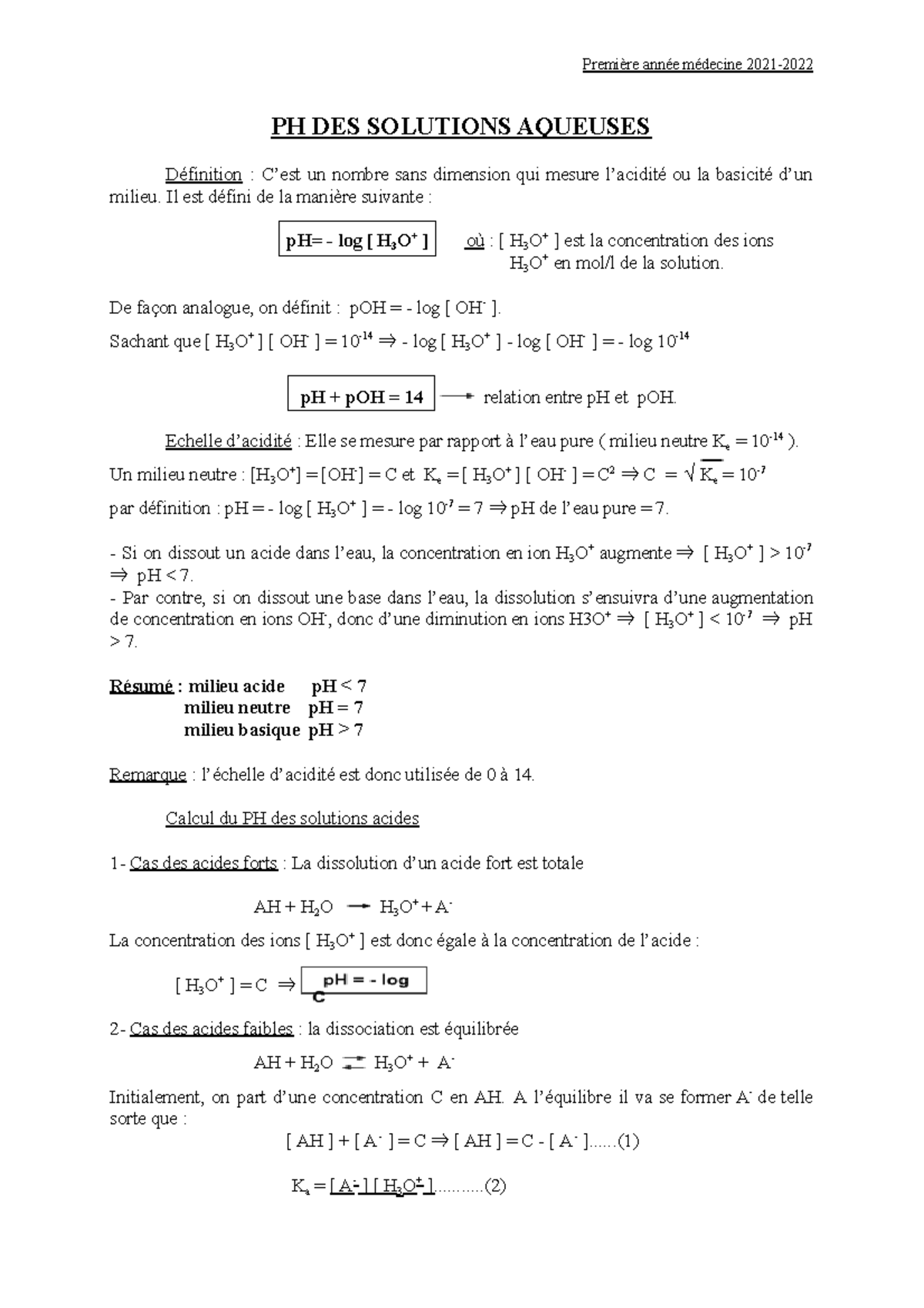 Chimie 1an-ph solutions acqueuses 2022 - PH DES SOLUTIONS AQUEUSES ...