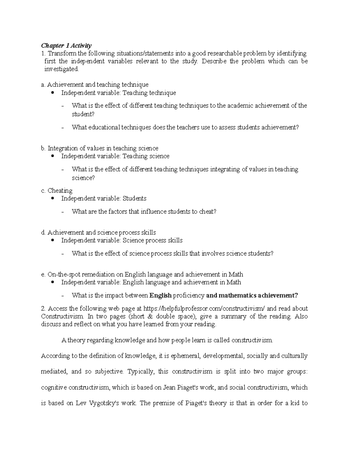 Activity 1- Educ Research - Chapter 1 Activity Transform the following ...