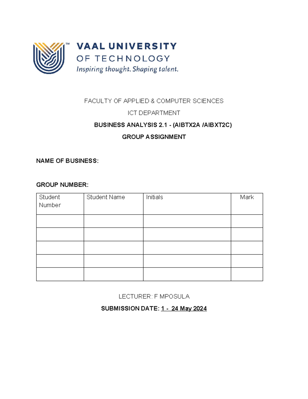 Assignment Cover Page & Rubric - FACULTY OF APPLIED & COMPUTER SCIENCES ...