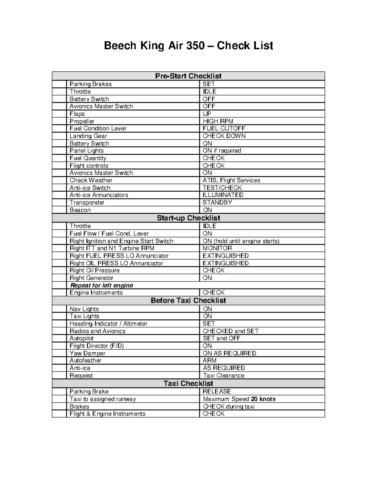 Beech-king-air-350-check-list - Beech King Air 350 – Check List Pre ...