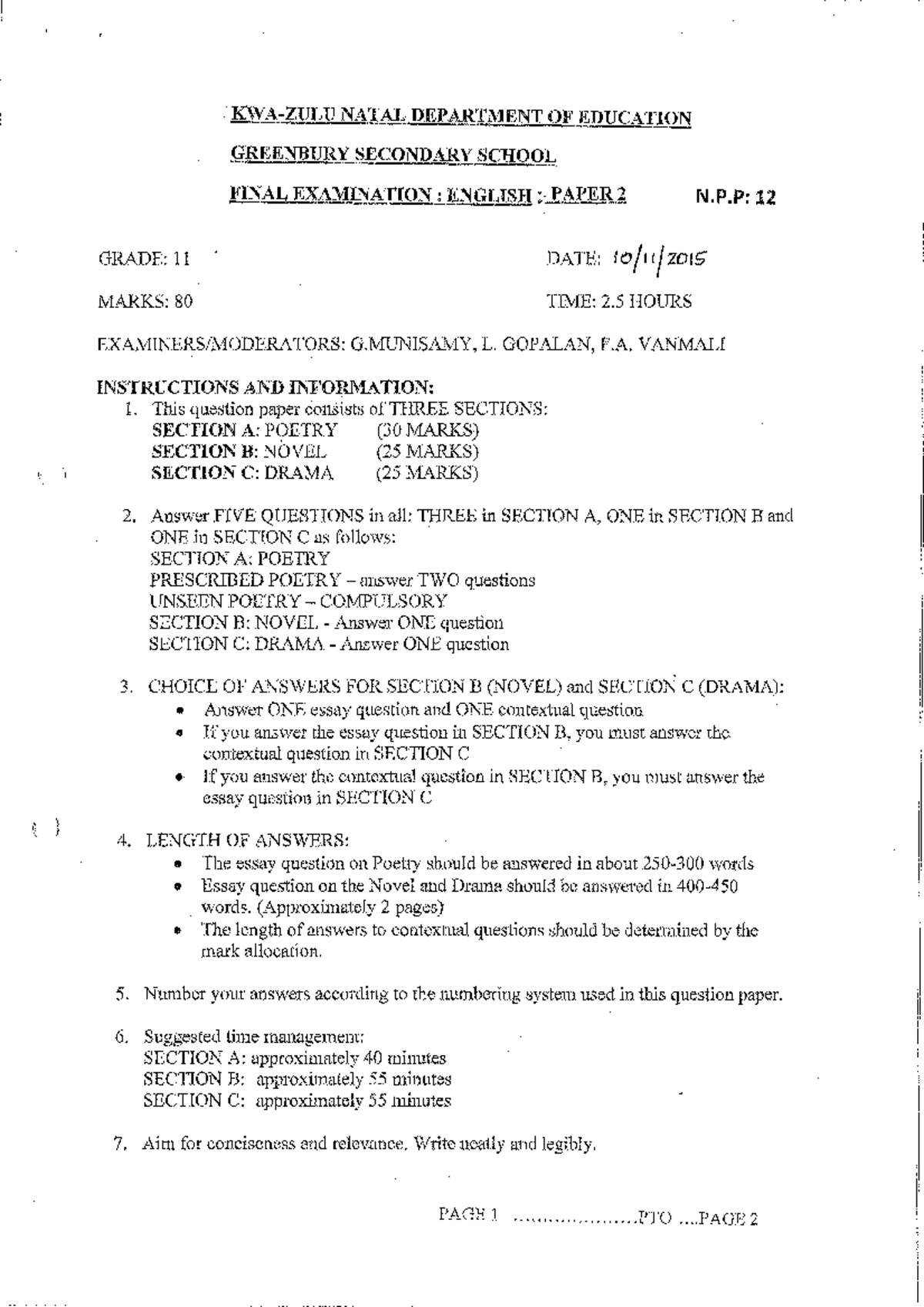 NOV 2015 ENG P2 QP MEMO - Poetry and short stories - BSA001 - Studocu