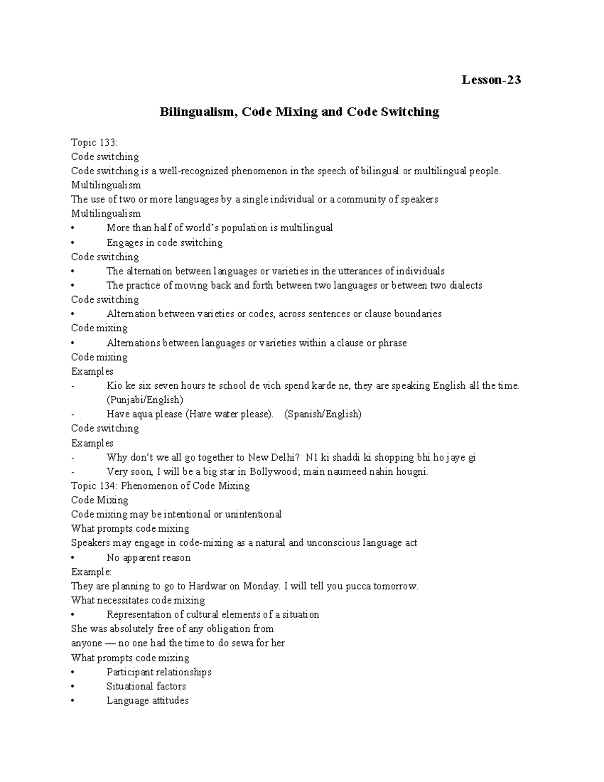 Eng506 handouts Lectures 23 to 45 complete handouts - Lesson- Bilingualism, Code Mixing and Code ...