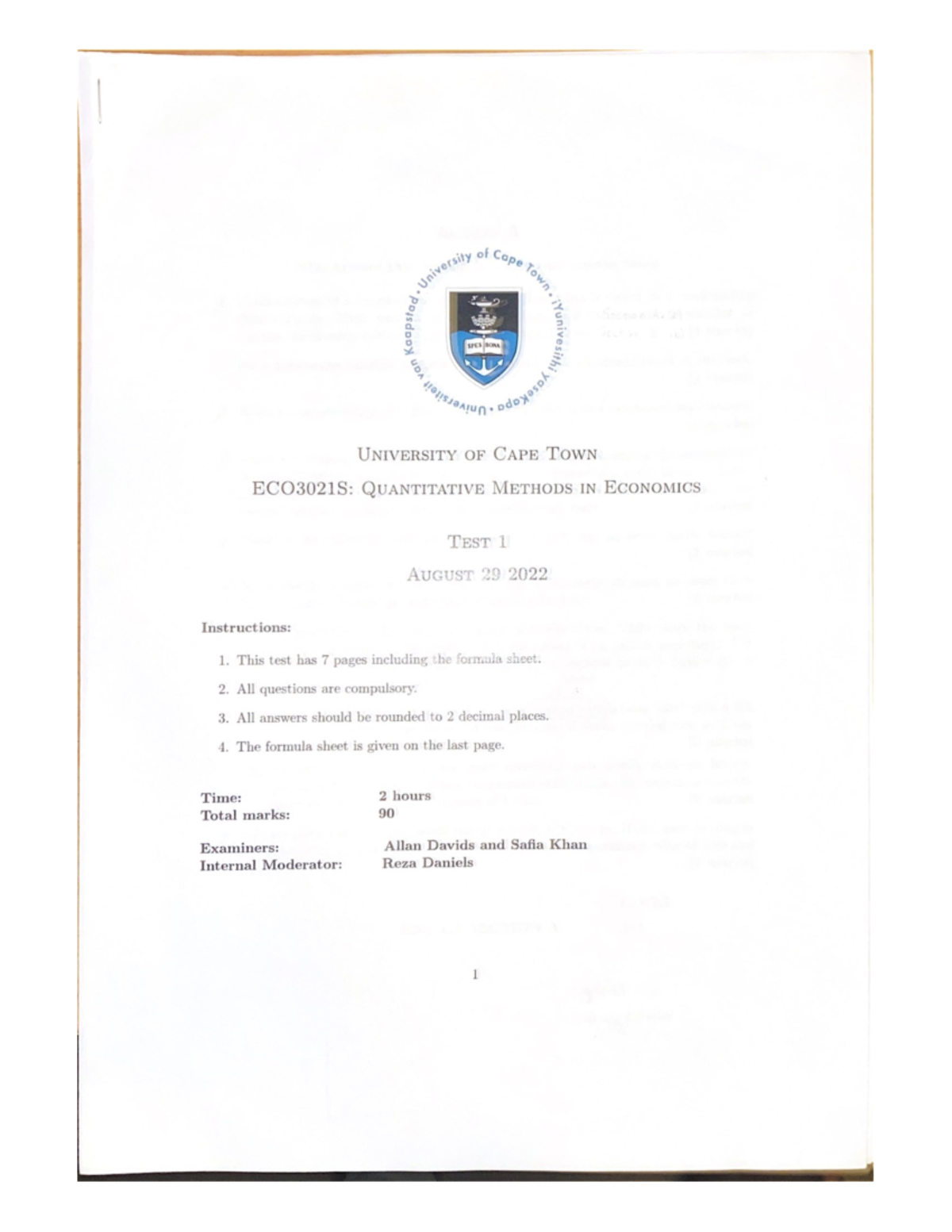 Quants Class Test 2022 - Test Qns - ECO3021S - Studocu