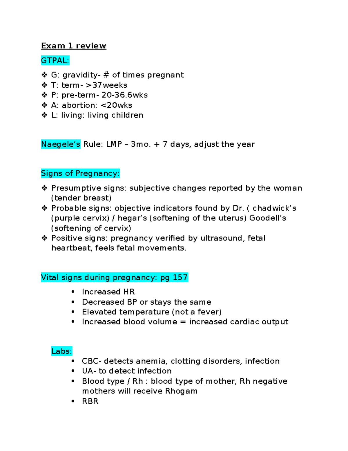 Exam 1 notes maternal - 254 exam review - Exam 1 review GTPAL: G ...