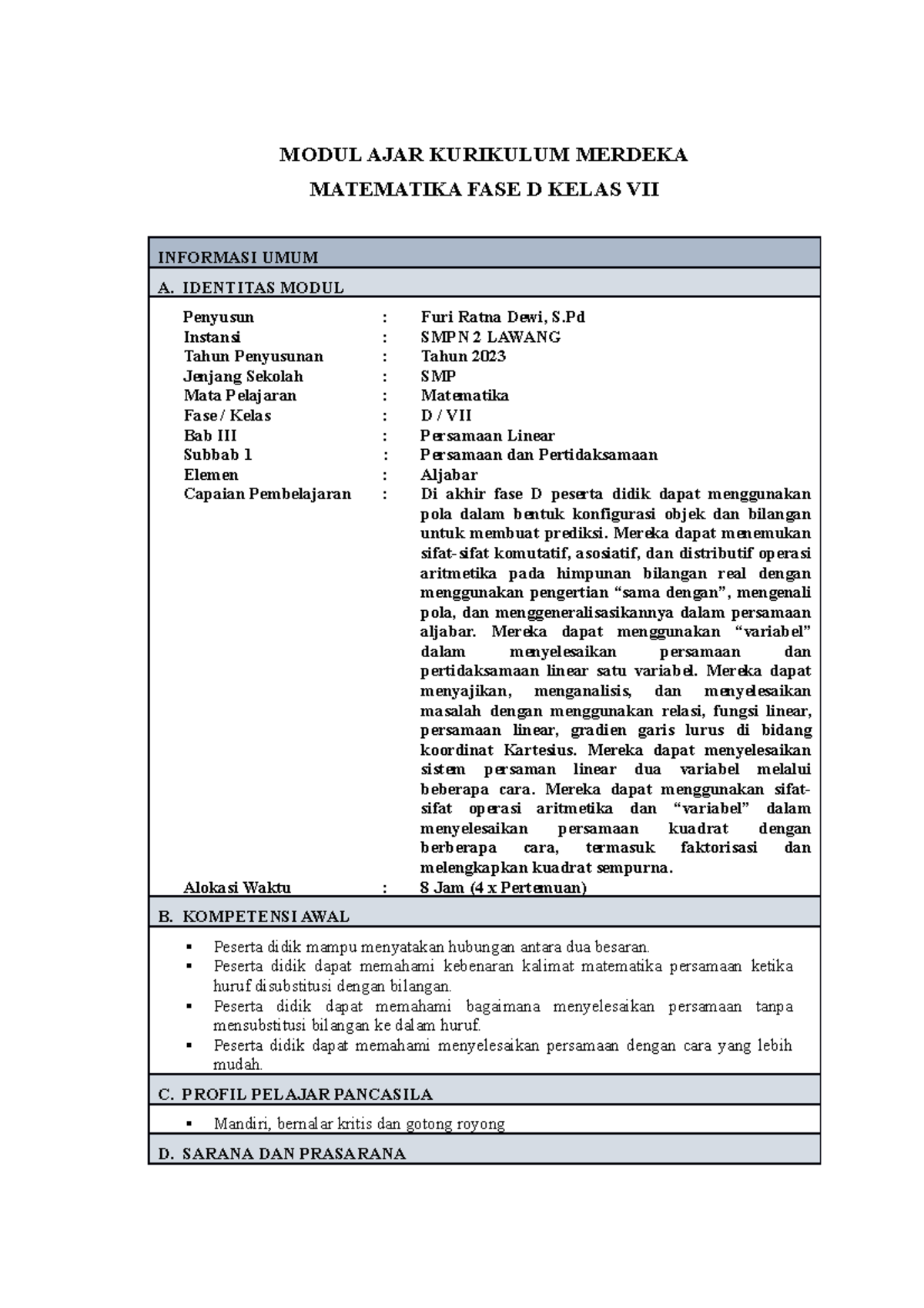 Modul Mat Kelas 7 Persamaan Linear Satu Variabel 2 - MODUL AJAR ...