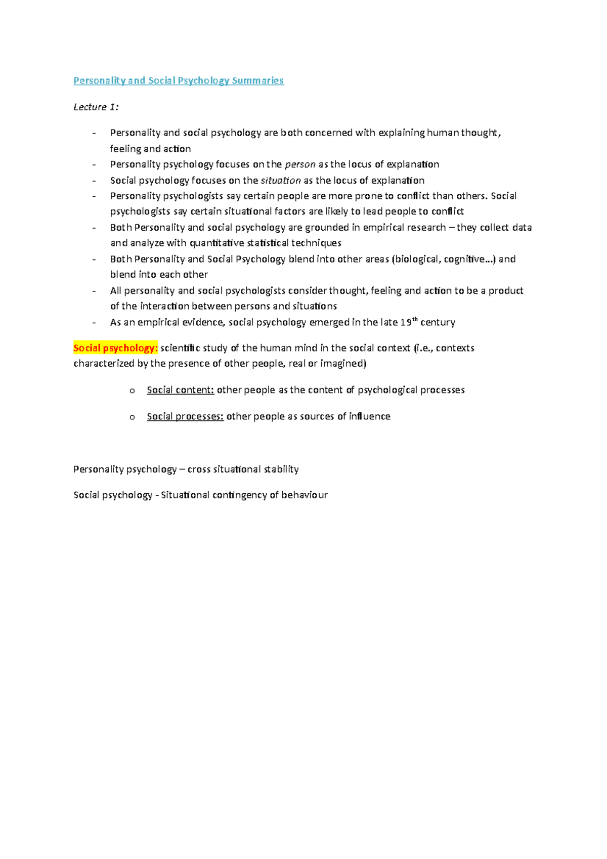 Personality and Social Psychology Lectures 1-4 - Personality and Social ...