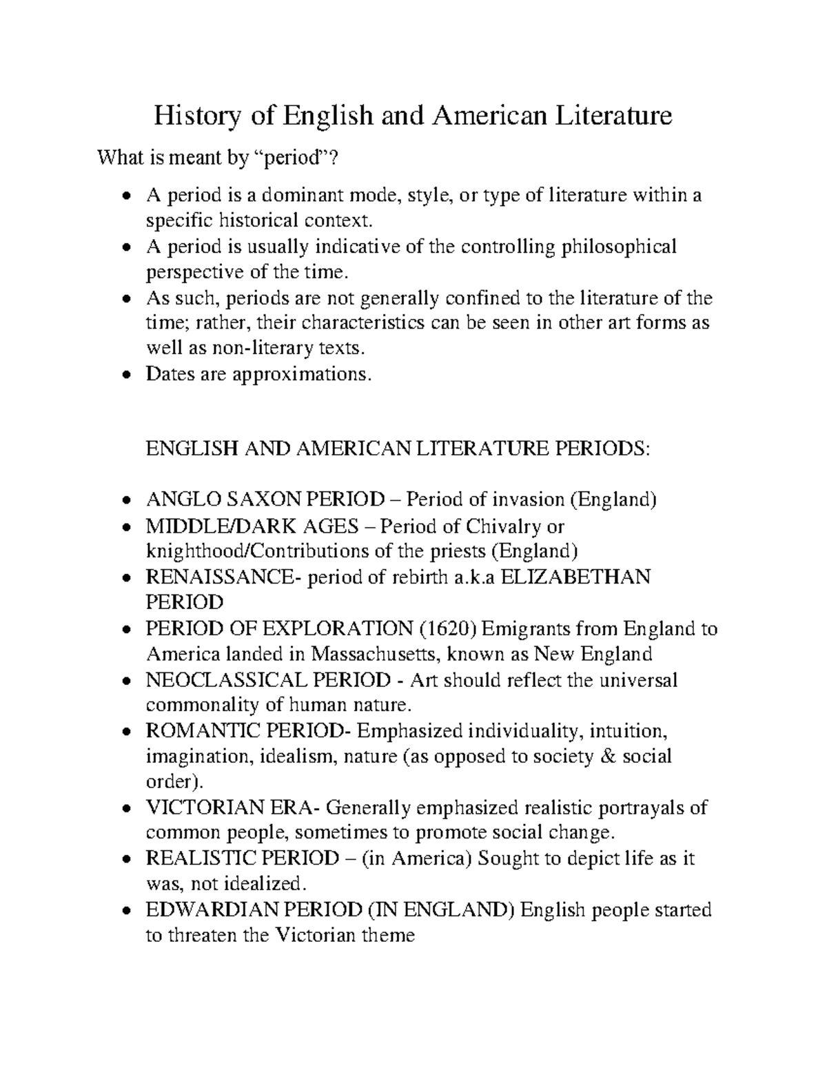 Toaz - ENGLISH LITERARTURE - History of English and American Literature ...