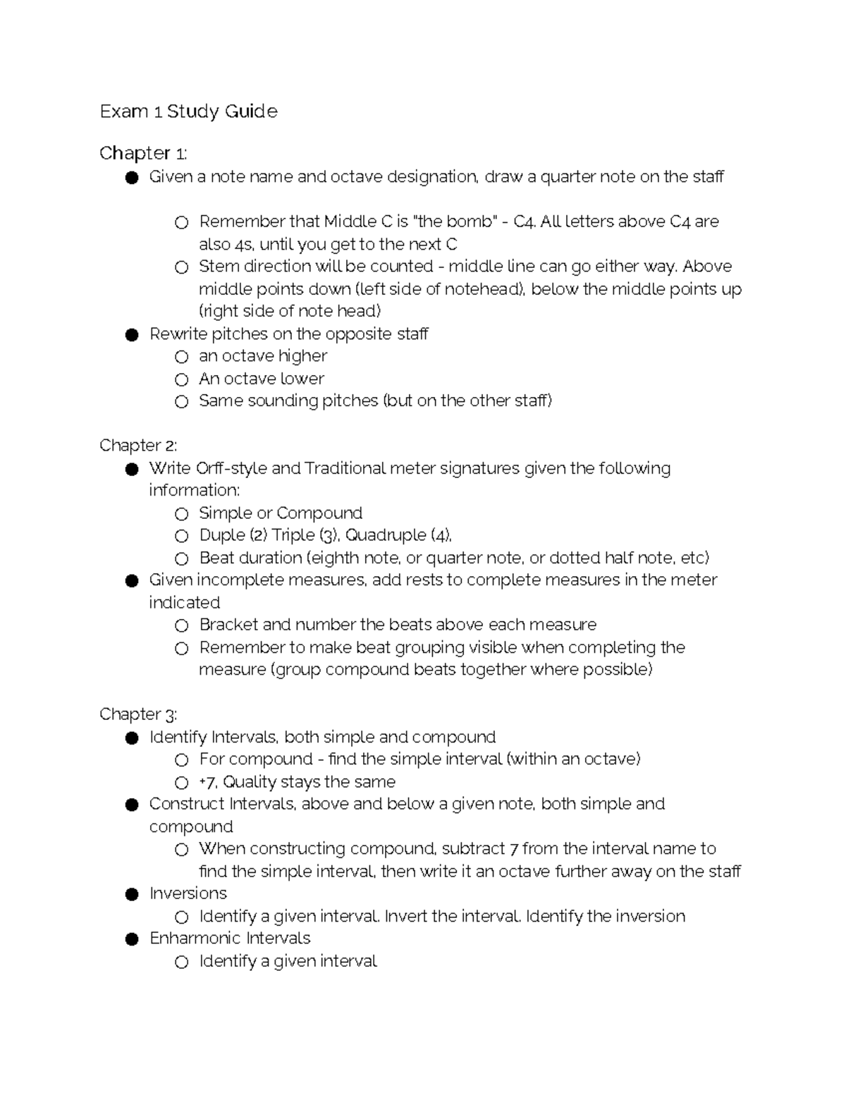 Exam+1+Study+Guide - Music theory level homework/exam outline - Exam 1 Study Guide Chapter 1 ...