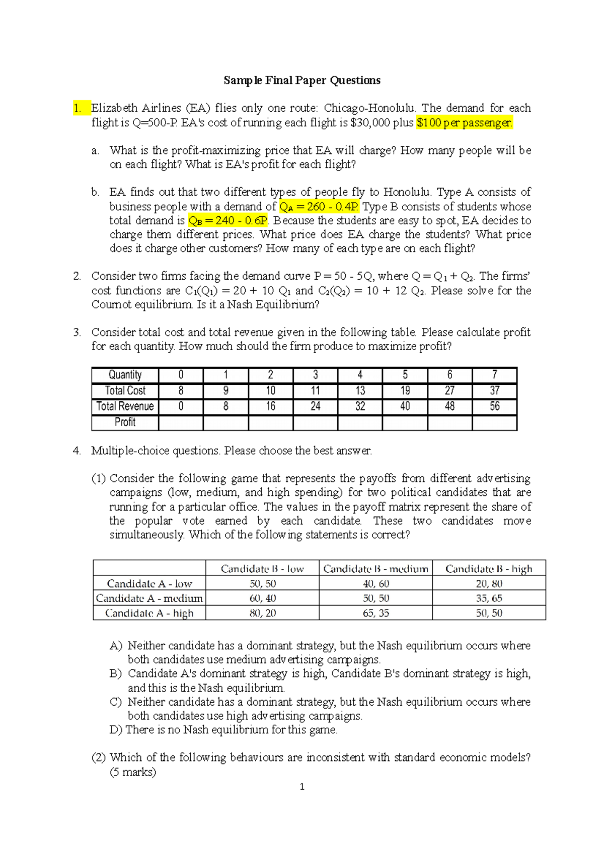 Sample Final Paper Questions - Sample Final Paper Questions Elizabeth ...