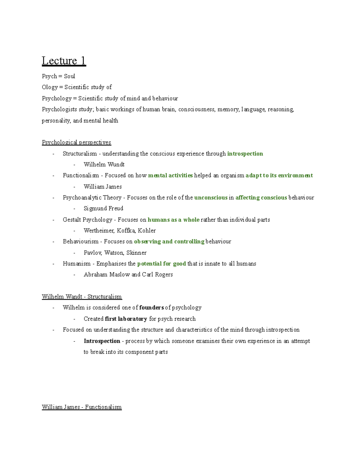 PSY-102 - Lecture 1,2,3 notes - Lecture 1 Psych = Soul Ology ...