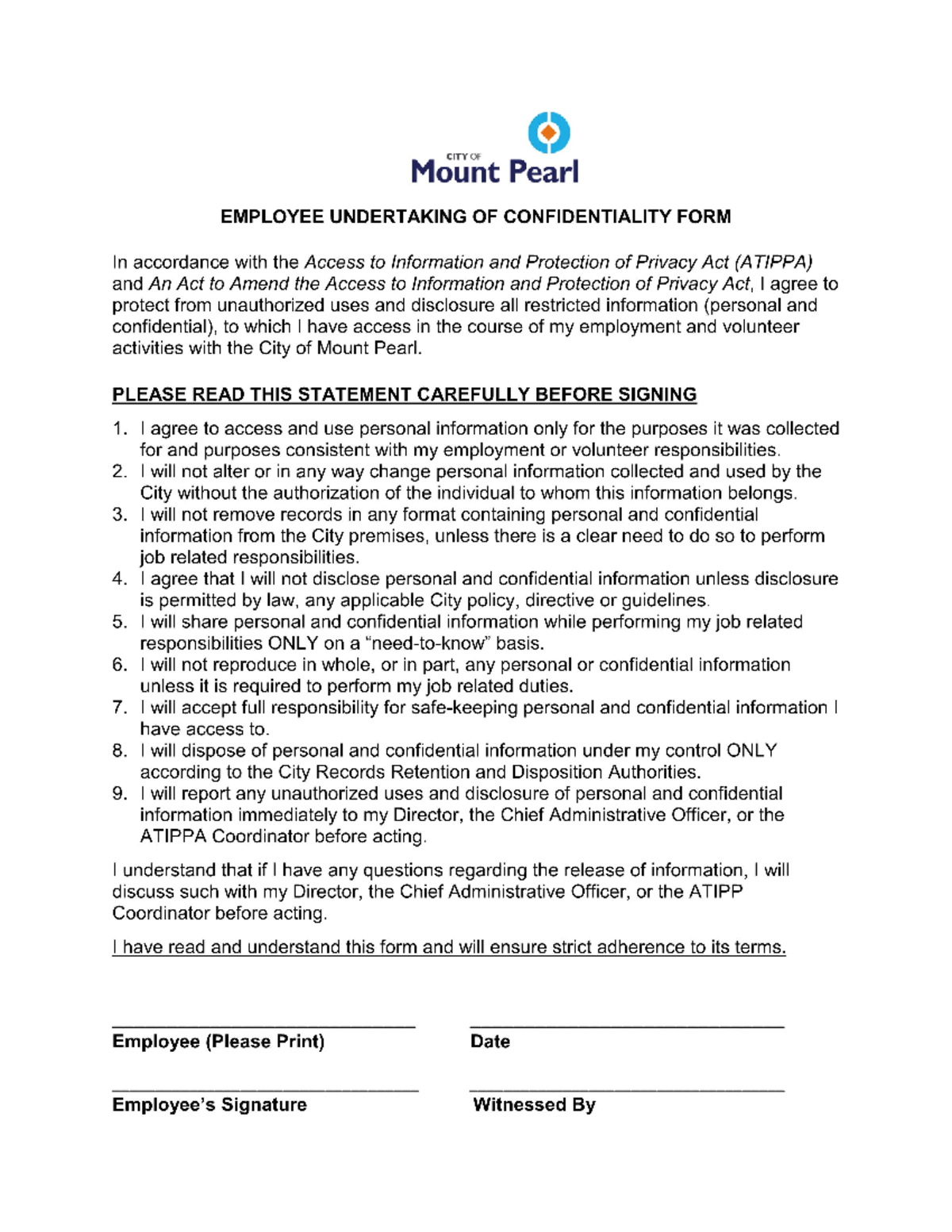 Employee Confidentiality Form - EMPLOYEE UNDERTAKING OFCONFIDENTIALITY ...