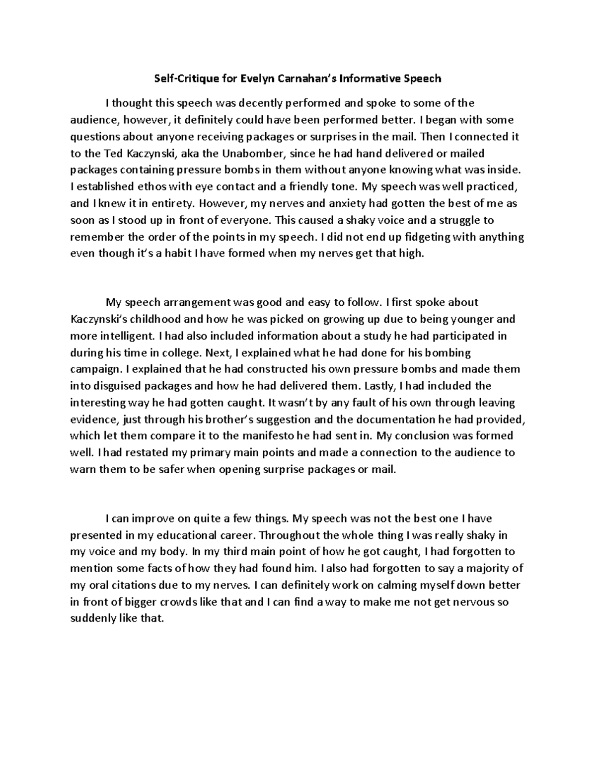 Self-Critique - Mr. Grant - Self-Critique for Evelyn Carnahan’s ...