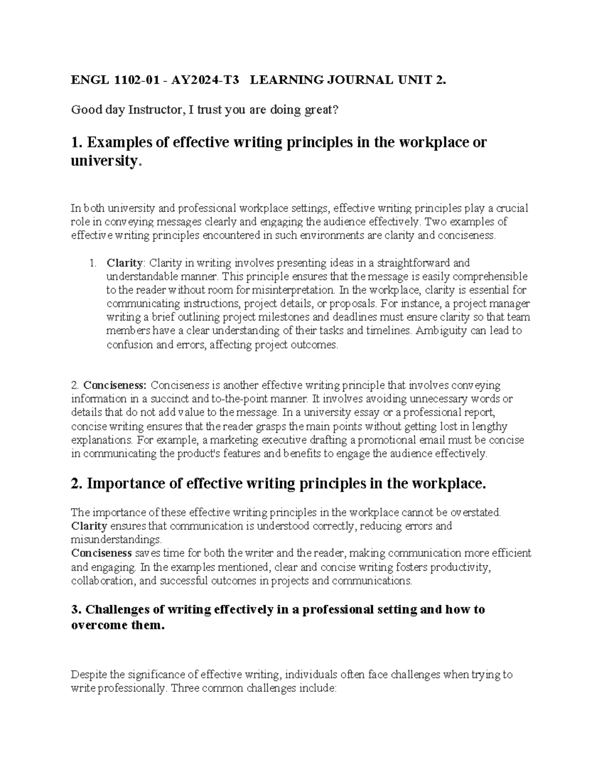 ENGL 1102 - LJ2 - GREAT - ENGL 1102-01 - AY2024-T3 LEARNING JOURNAL UNIT 2. Good day Instructor ...