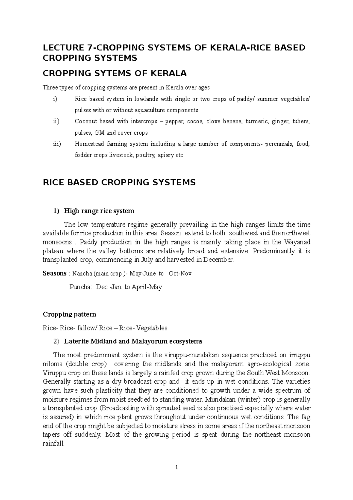 Lecture 7- Cropping Systems OF Kerala-RICE Based Cropping Systems - LECTURE 7-CROPPING SYSTEMS ...