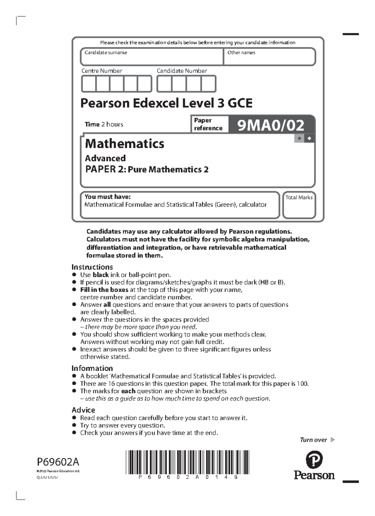 Edexcel A Level Maths June 2022 Paper 2 QP - Centre Number Candidate ...