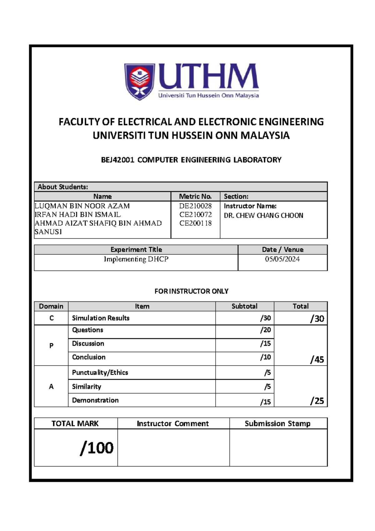 G11_lab6_network - FACULTY OF ELECTRICAL AND ELECTRONIC ENGINEERING UNIVERSITI TUN HUSSEIN ONN ...