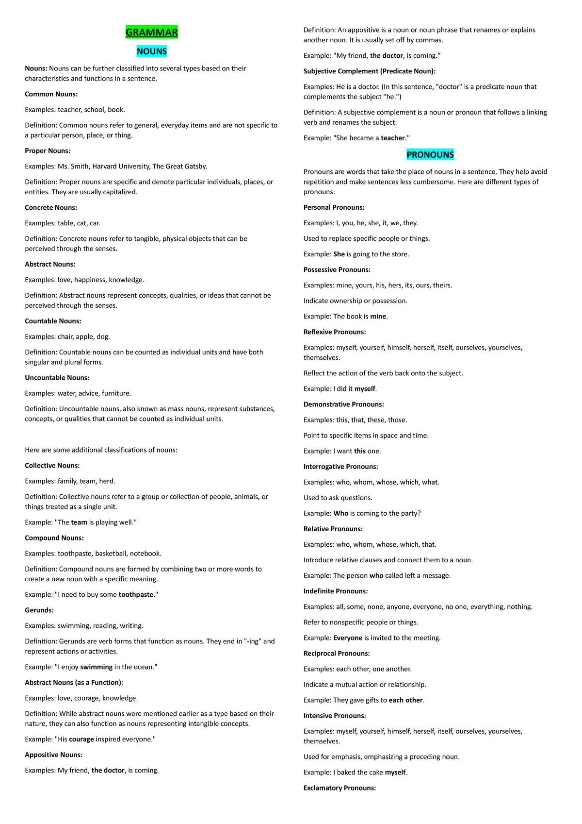 GEN ED Guide English- Grammar - GRAMMAR NOUNS Nouns: Nouns can be ...