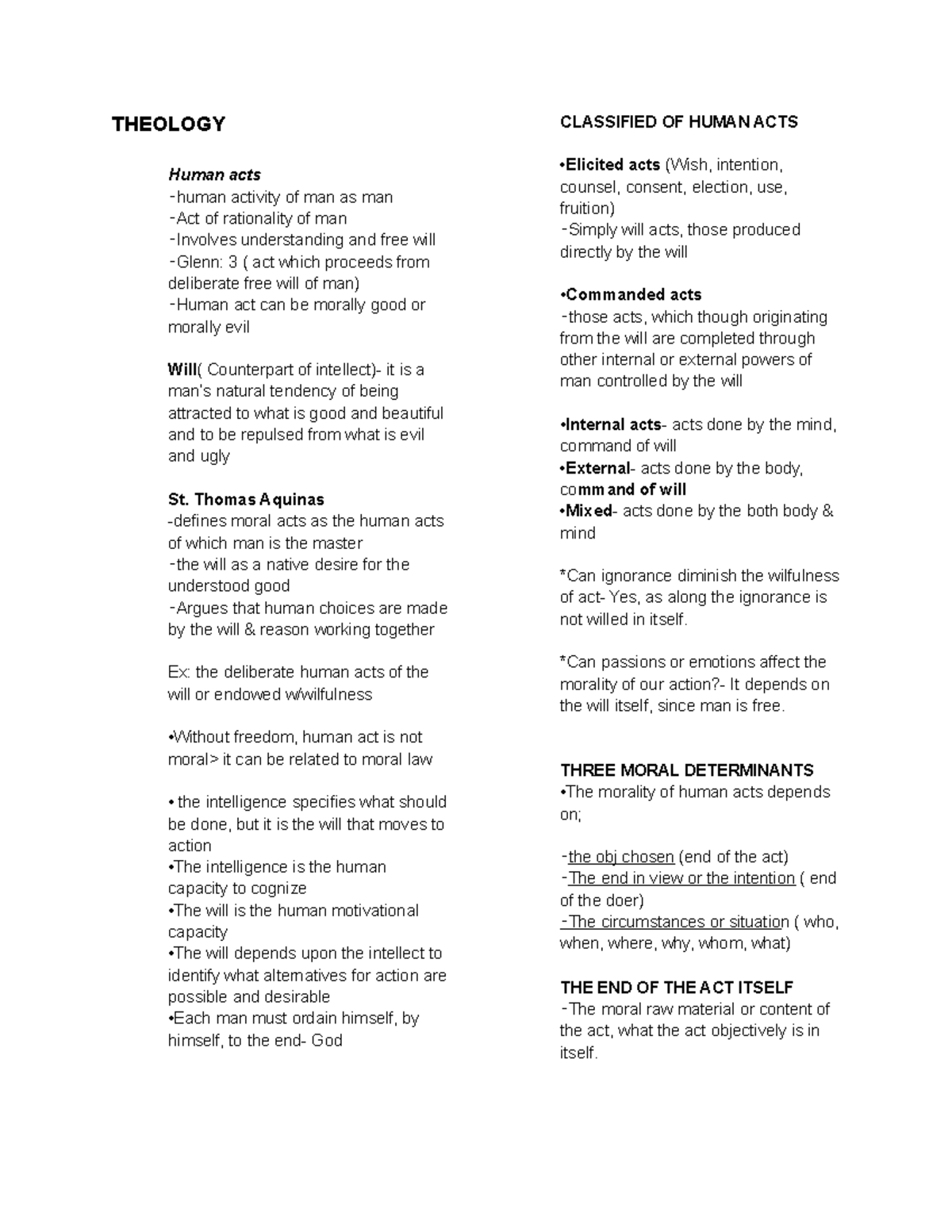 Theology - Human Acts - THEOLOGY Human acts ⁃ human activity of man as ...