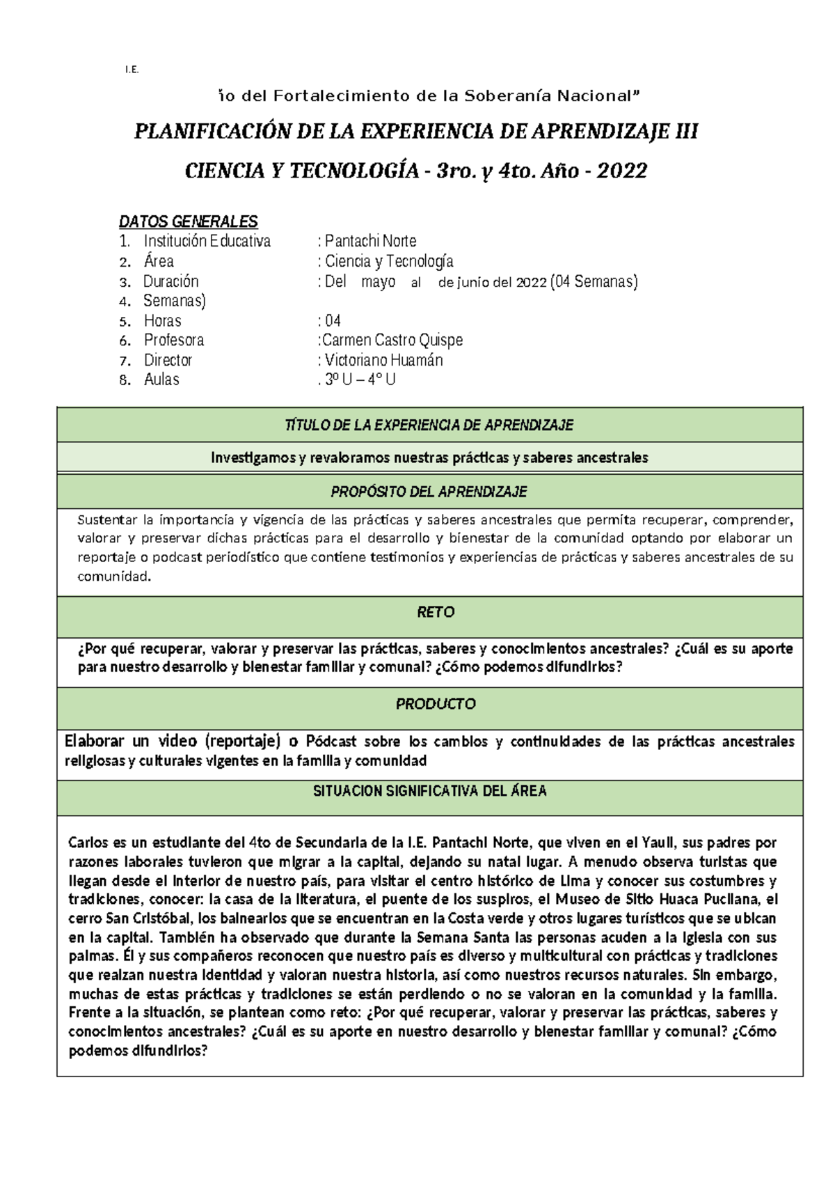 3° Y 4° SEC. Planificador DE LA EDA 3 2022 - “Año del Fortalecimiento de la Soberanía Nacional ...