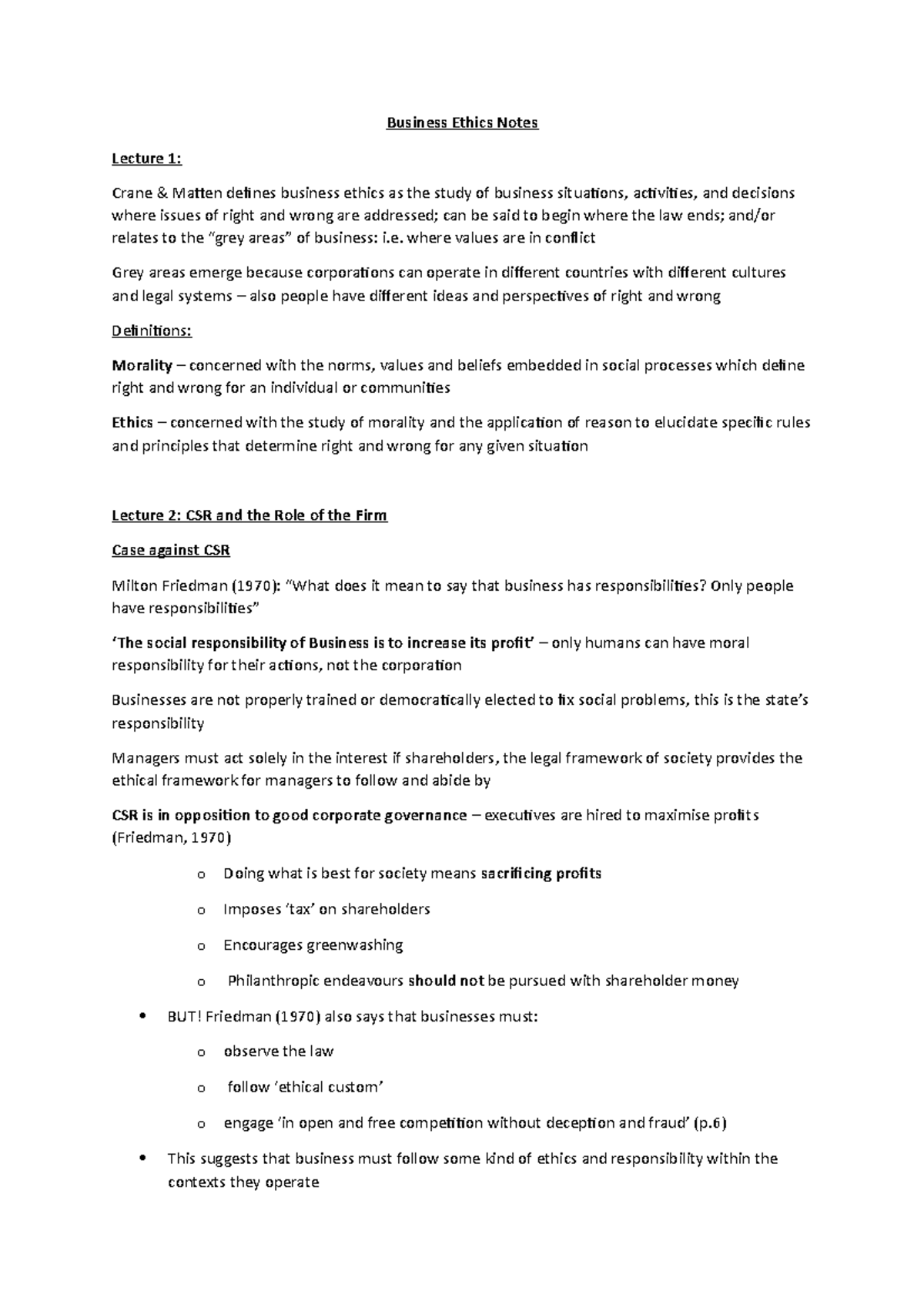 Business Ethics Notes - Business Ethics Notes Lecture 1: Crane & Matten ...