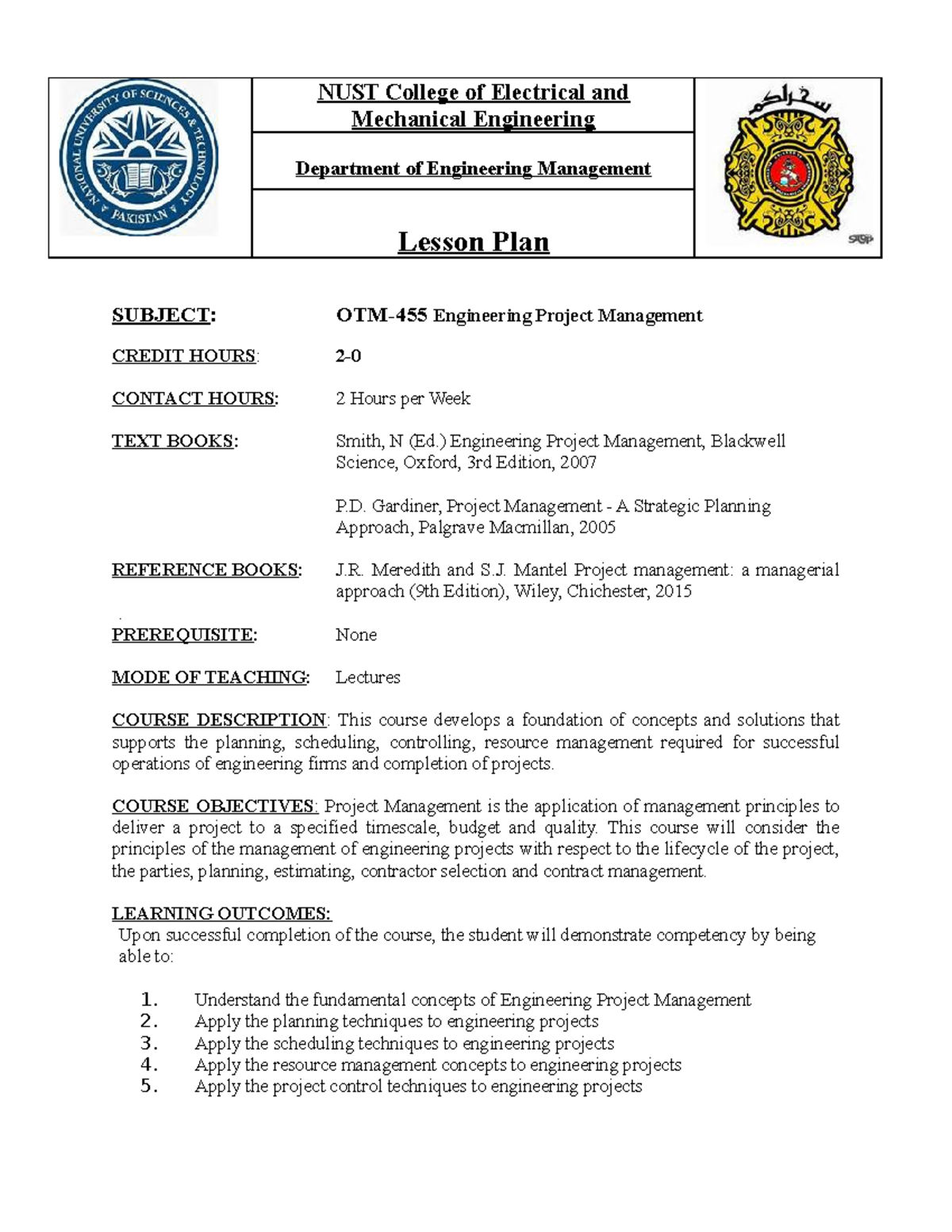 OTM455-Engg Project Management-Course Outline - NUST College of ...