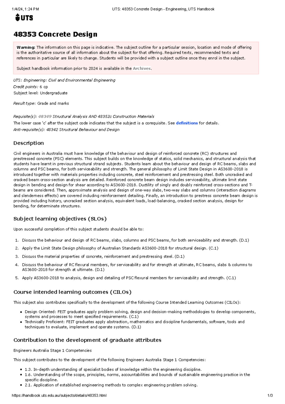 UTS 48353 Concrete Design - Engineering, UTS Handbook - 1/4/24, 1:24 PM ...