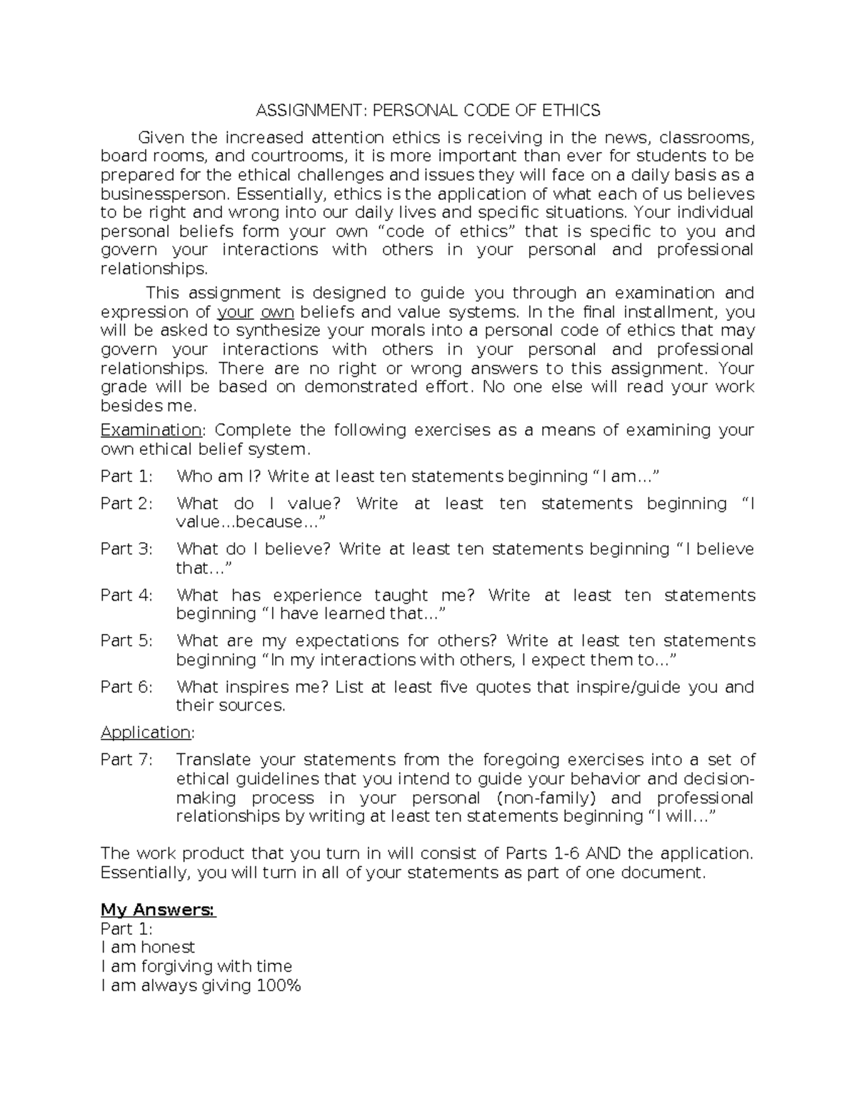 BUSA 3126 - Personal Code of Ethics Assignment - ASSIGNMENT: PERSONAL ...